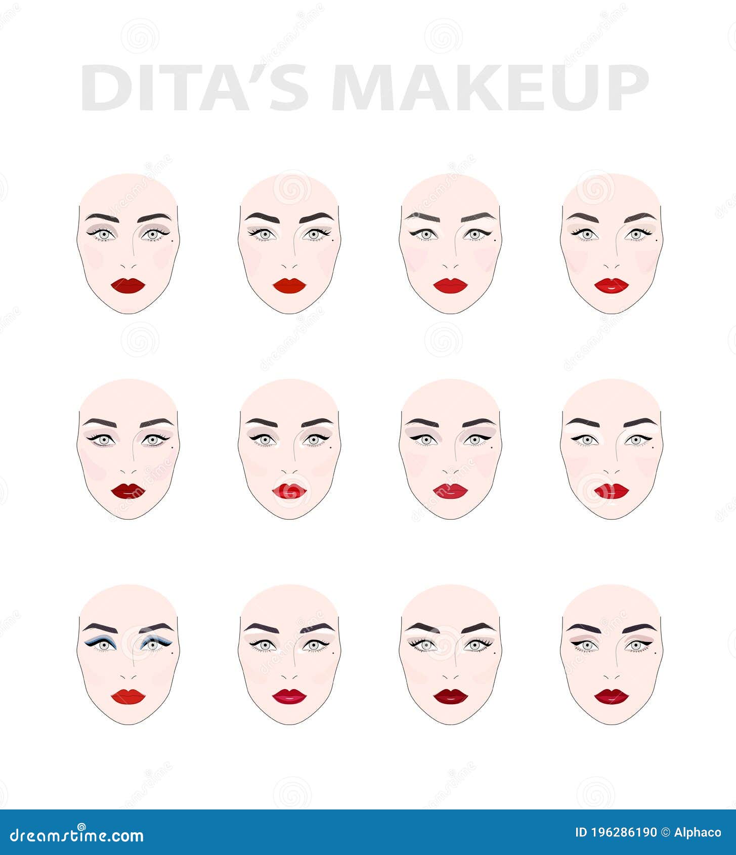 Face charts with makeup stock vector. Illustration of dita - 196286190