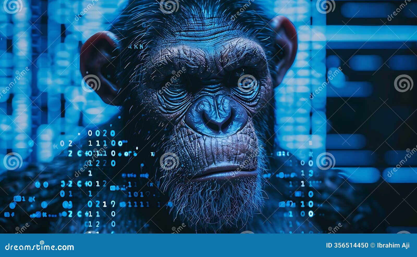 Face of a Chimpanzee with Binary Code on the Background Stock ...