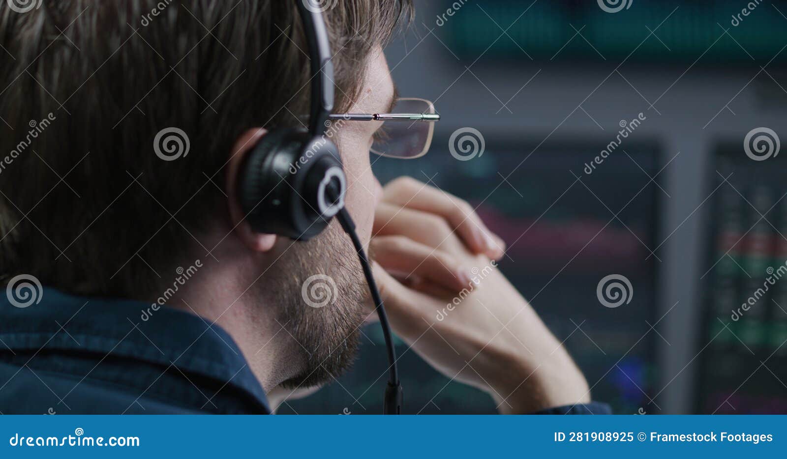 Face Close Up of Financial Analyst, Trader in Headset Working Stock ...