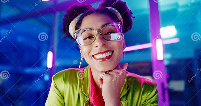 Face, Computer and Neon with Programmer Woman in Office at Night for ...