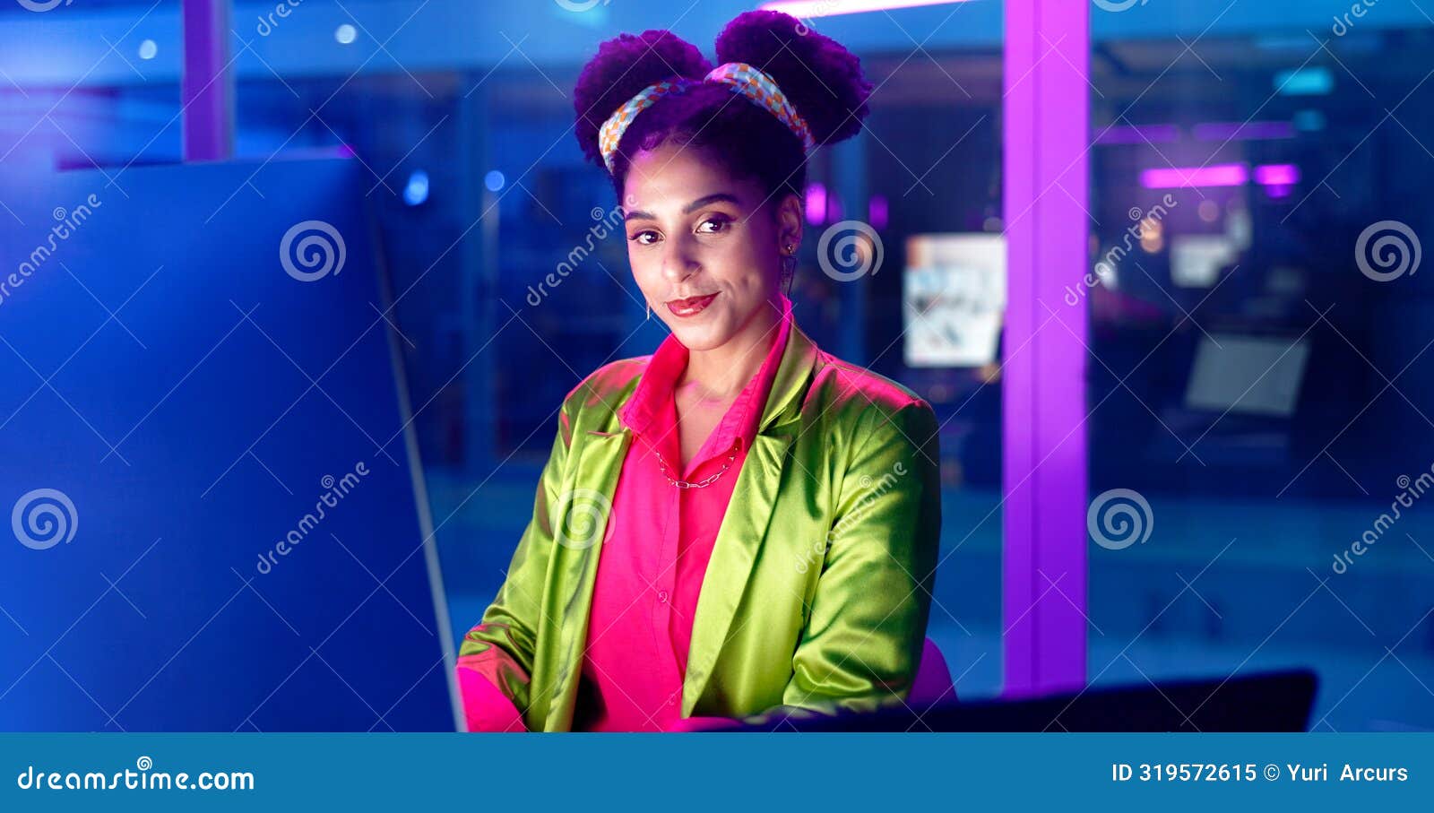 Face, Computer and Neon with Programmer Woman in Office at Night for ...