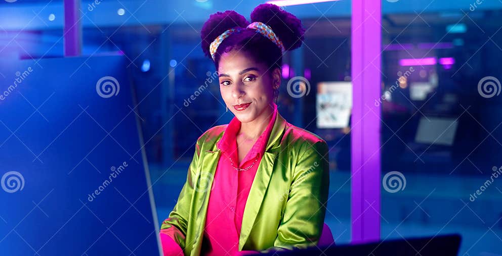 Face, Computer and Neon with Programmer Woman in Office at Night for ...