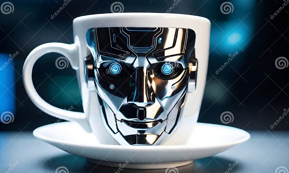 The Face of a Cyber Humanoid, an Evil AI on a Cup of Coffee Stock Image ...