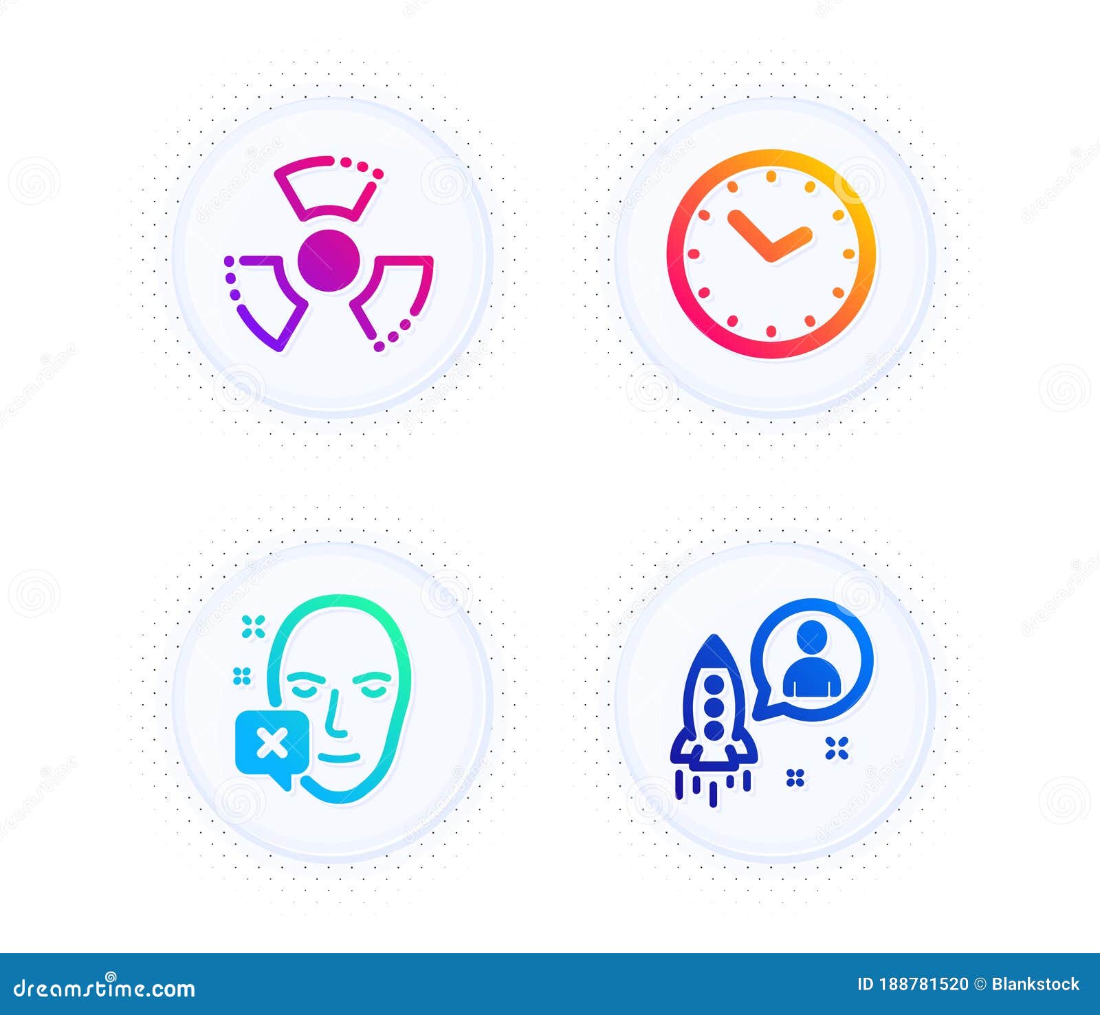 Face Declined, Time and Chemical Hazard Icons Set. Startup Sign ...