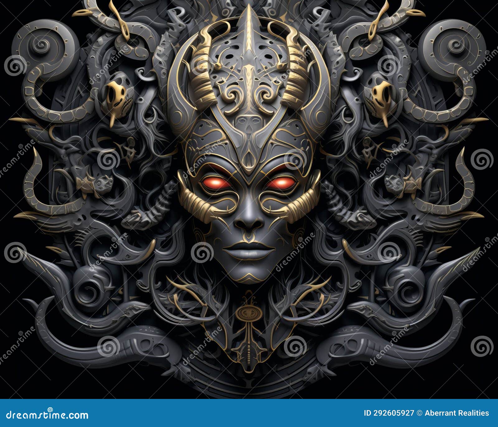 The Face of a Demon is Surrounded by an Ornate Design Stock ...