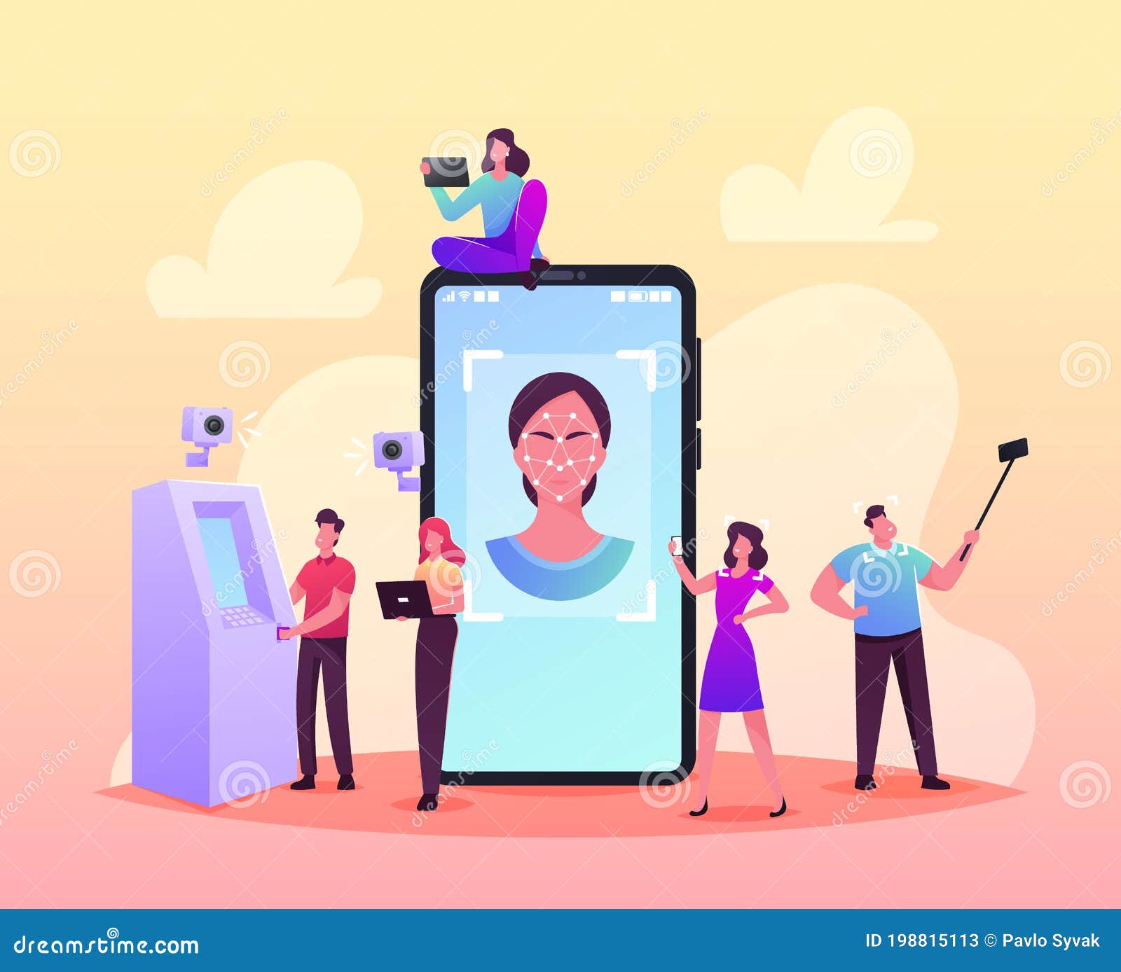 Face Detection, Facial Recognition Technology Concept. Tiny Characters ...