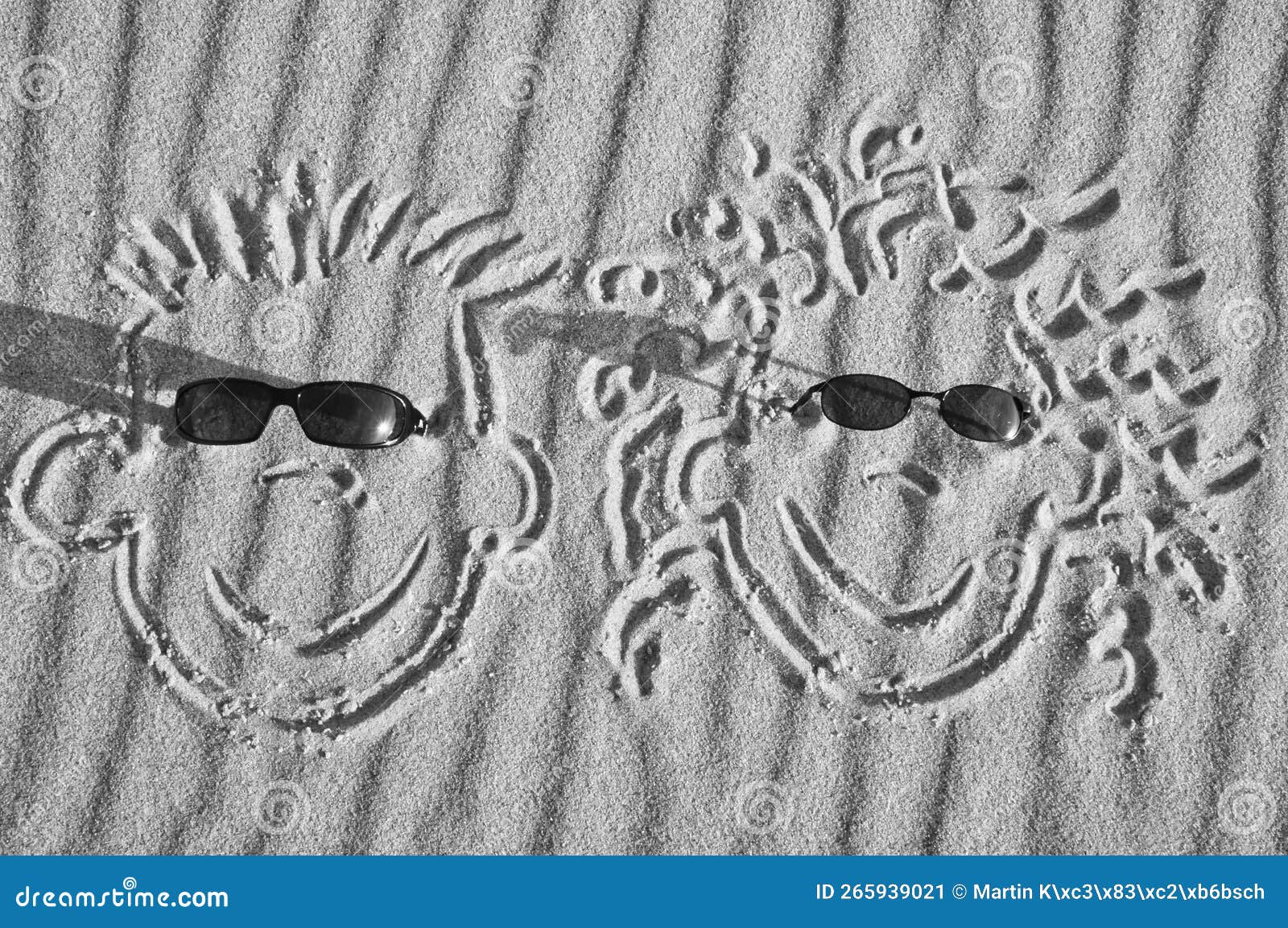 Face Drawn in the Sand on the Beach, with Sunglasses. Sand with Wave ...