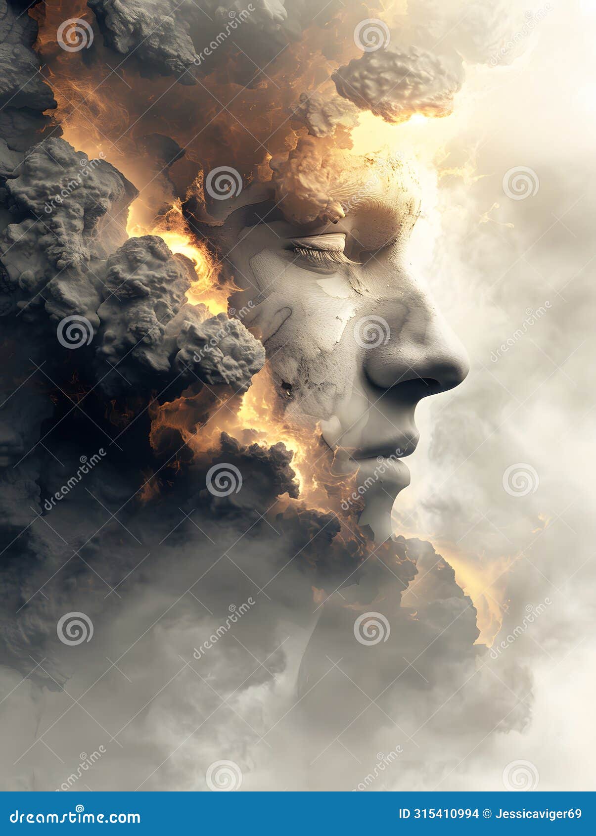 Face Emerging from Flames and Clouds, Emotions and Transformation Stock ...