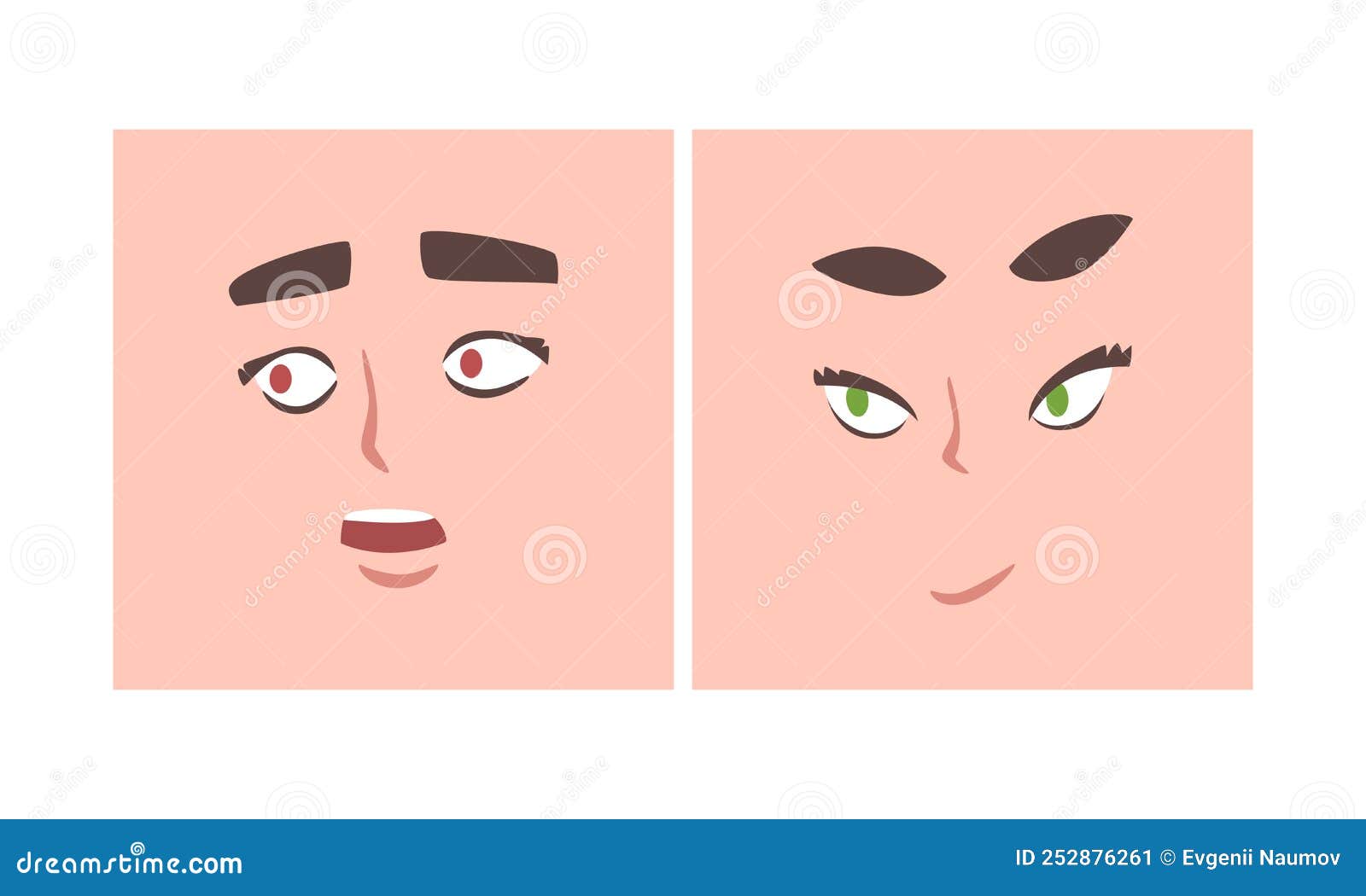 Face Expression and Emotion with Eyebrow and Mouth Grimace in Square ...