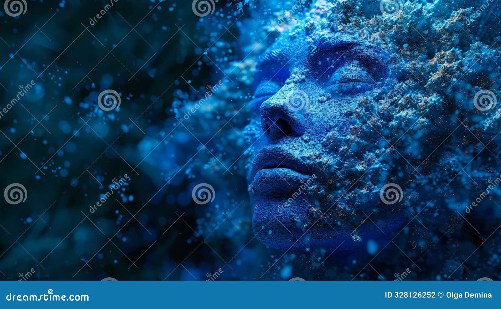 Face of a Futuristic Blue Humanoid Robot with Glowing Particles Around ...