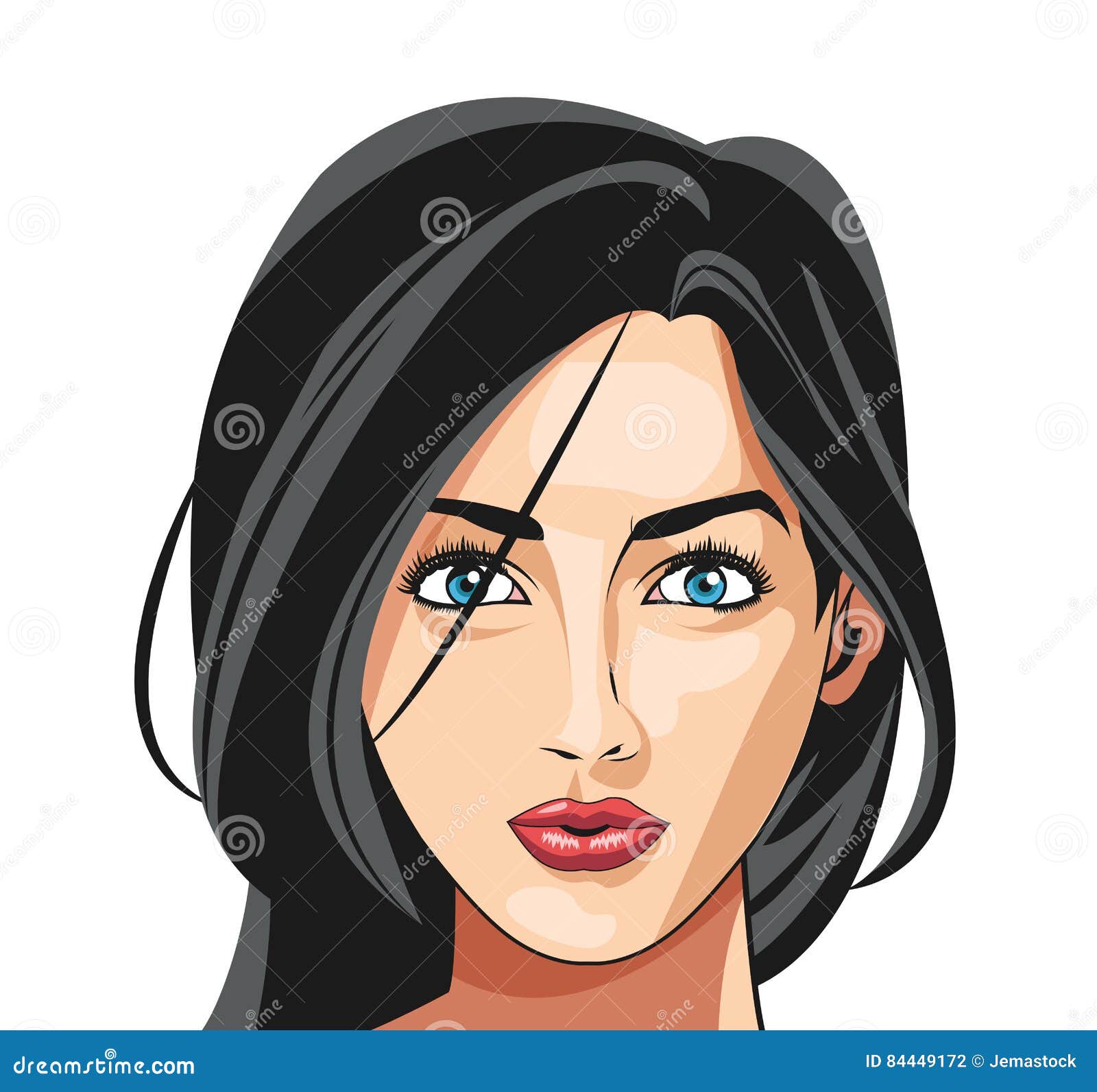 Face Girl Blue Eyes Black Hair Long Attractive Stock Vector