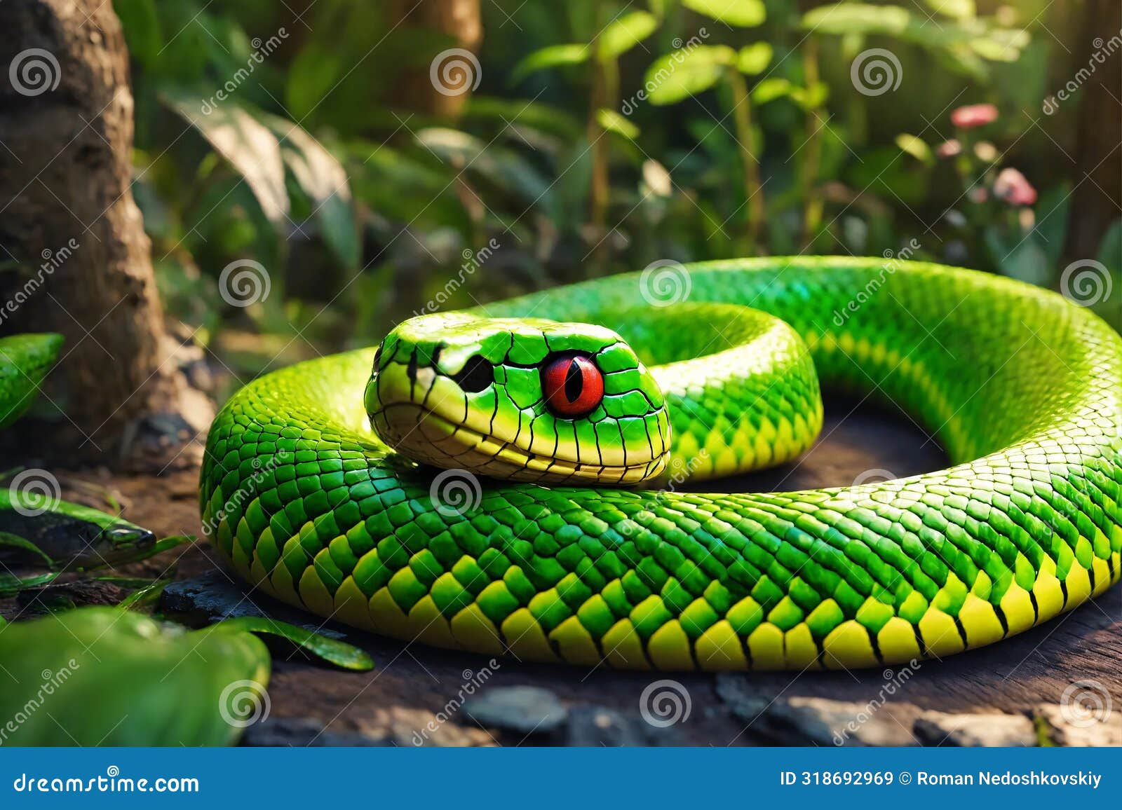 Face of Green Snake Coiling in Greenery of Summer Forest Stock ...