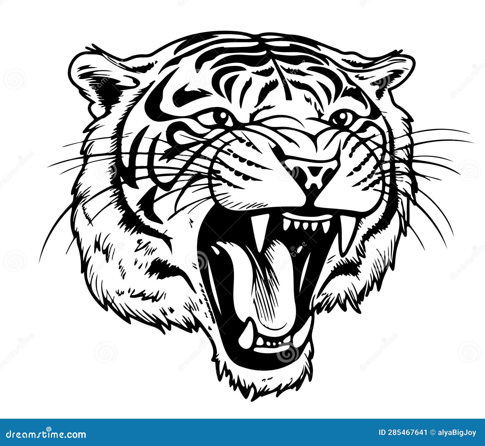 Growling Tiger Woodcut Black And White Royalty-Free Illustration ...
