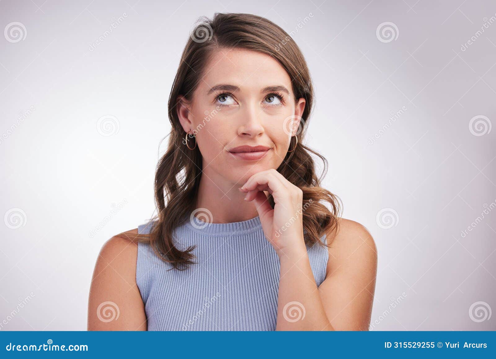 Face, Idea and Thinking with Woman Problem Solving in Studio on Gray ...