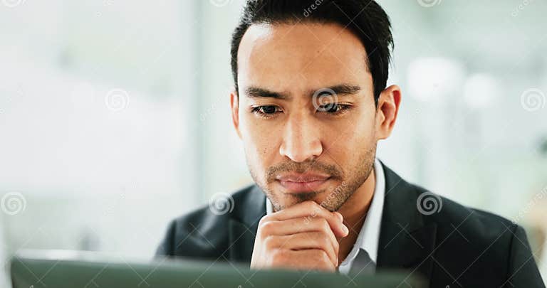 Face, Laptop and Thinking with Business Man in Office for ...