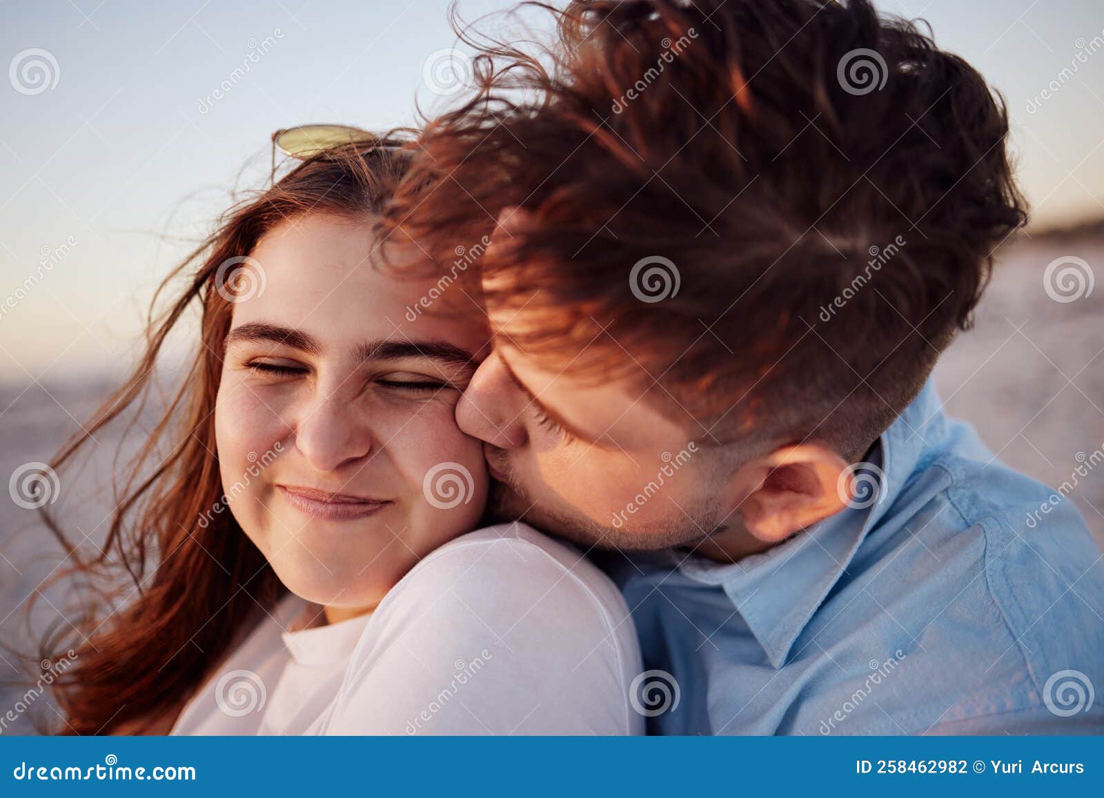Face Love And Couple Cheek Kiss On Vacation Holiday Or Summer Trip Outdoors Romance