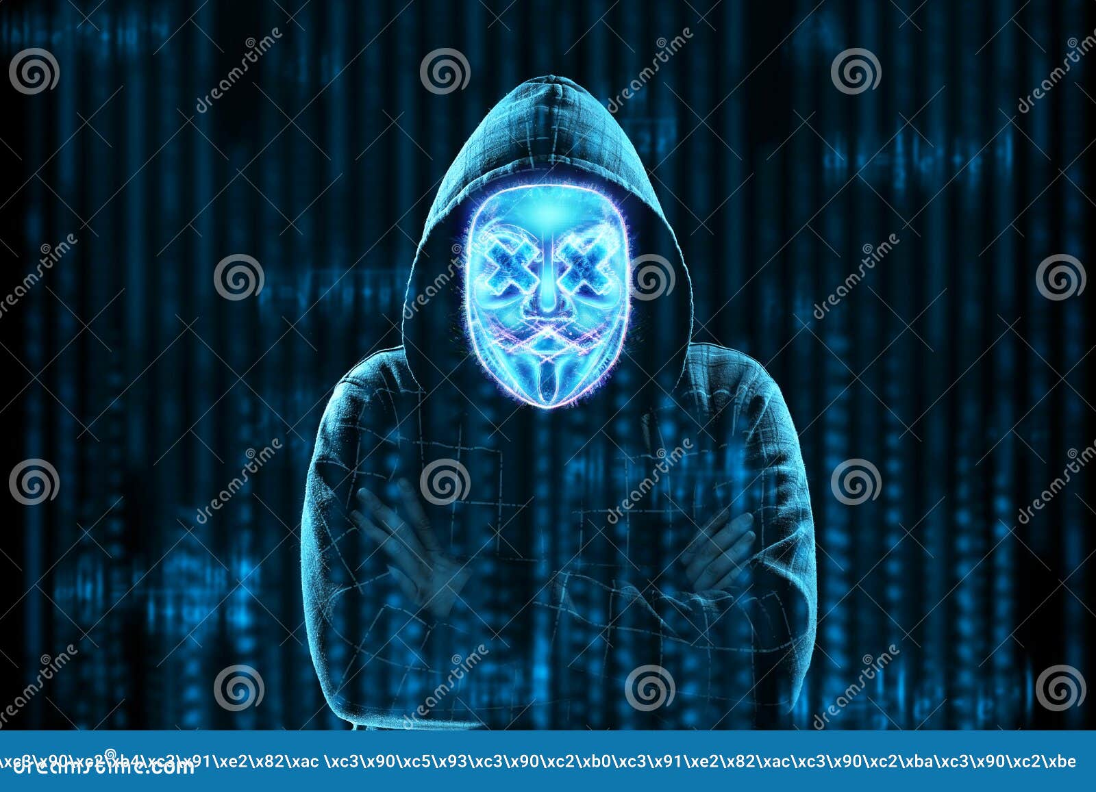 The Face of a Man in a Capichon is Hidden Behind a Digital Hologram ... The Face of a Man in a Capichon is Hidden Behind a Digital Hologram ...