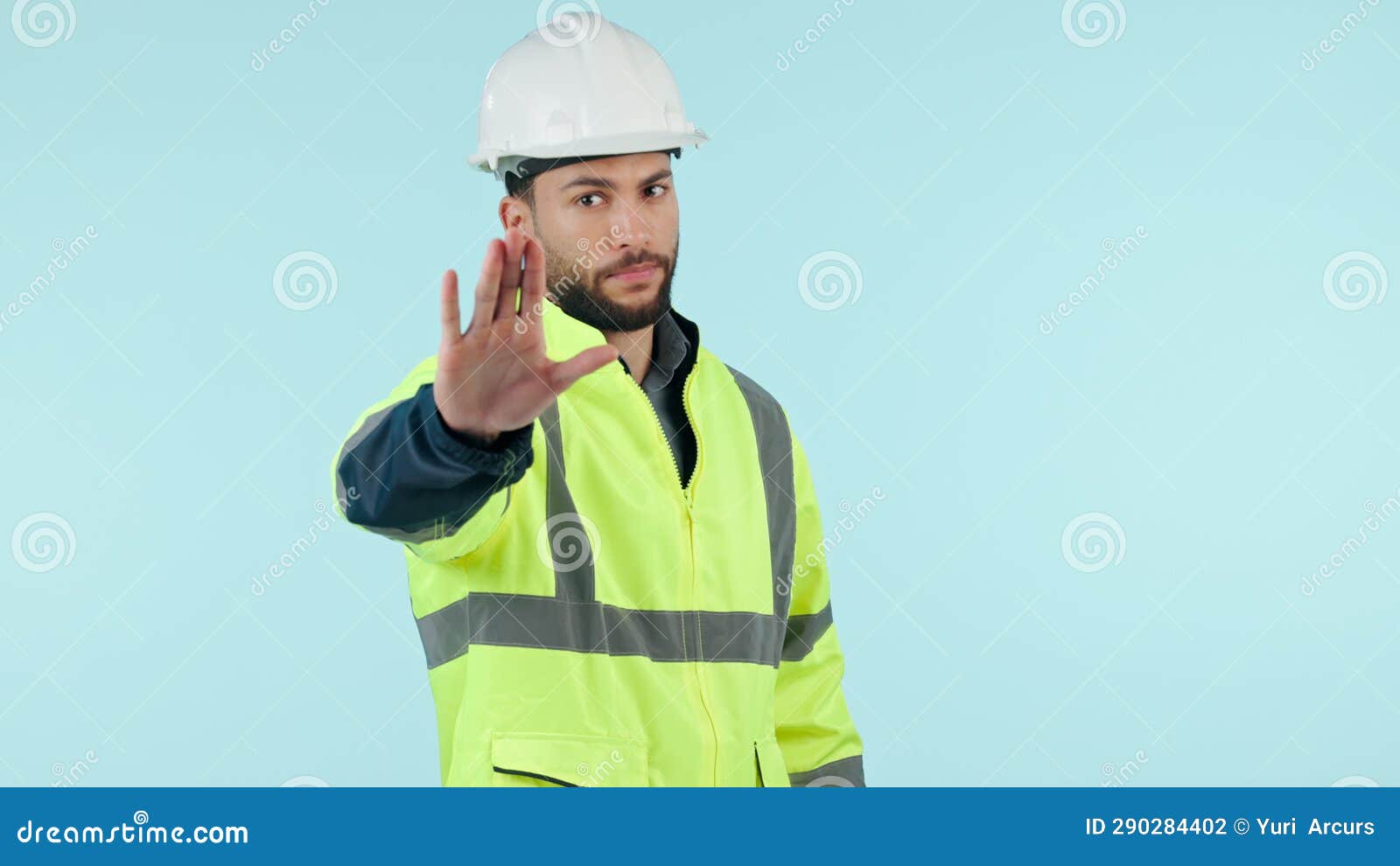 Face, Man and Engineer with Stop, Warning and Safety Regulations on a ...