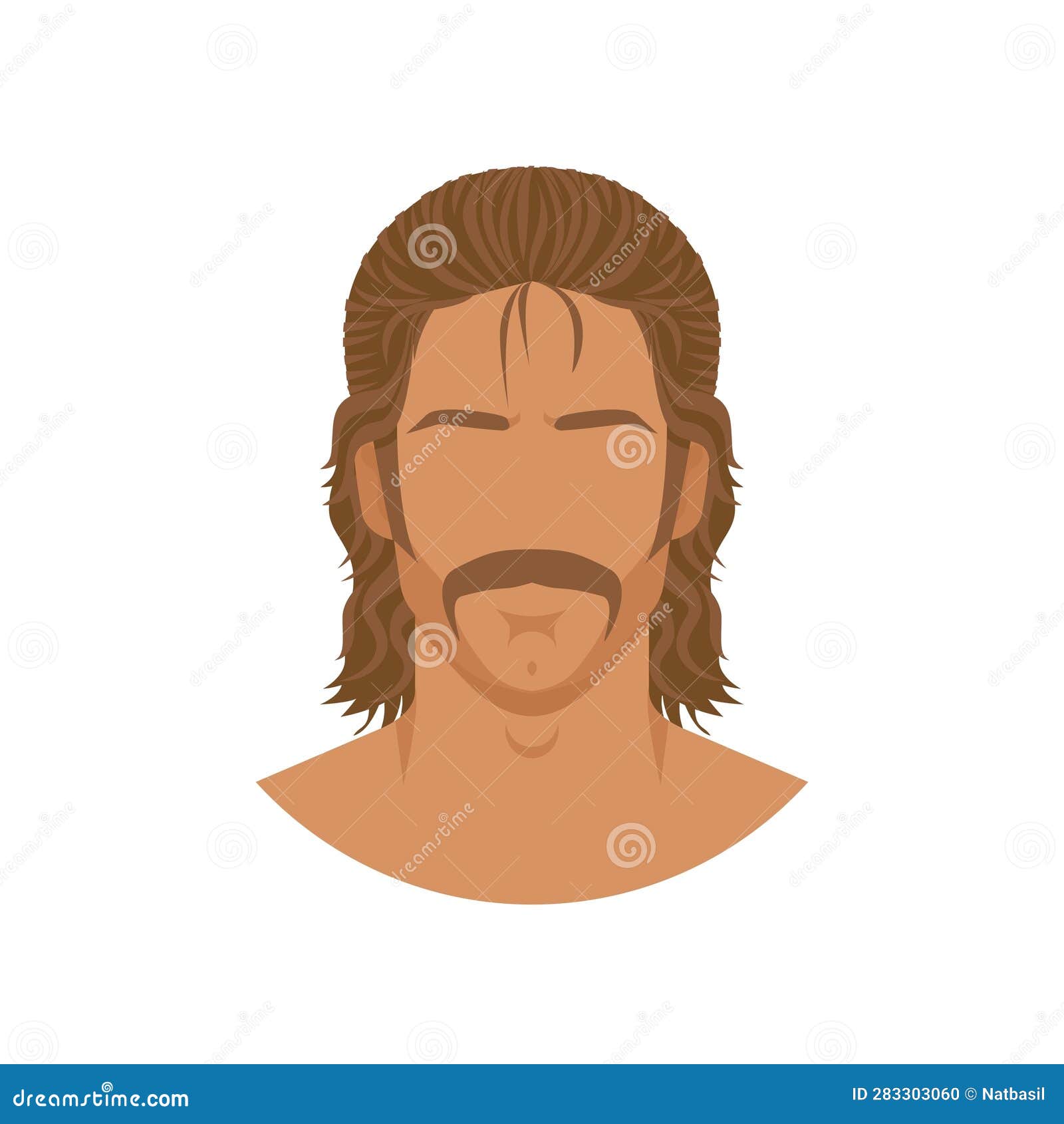 Face Of Man With Mustache And Mullet Hairstyle Vector Illustration ...