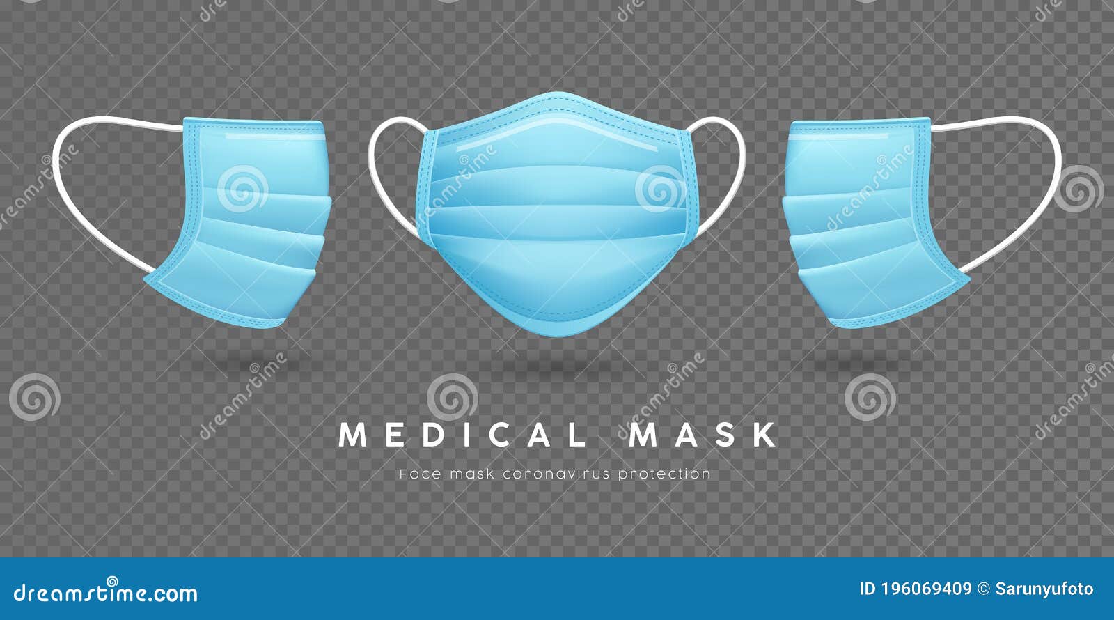 Face Mask Medical, Blue Template Front and Side, on Transparent Grid ...