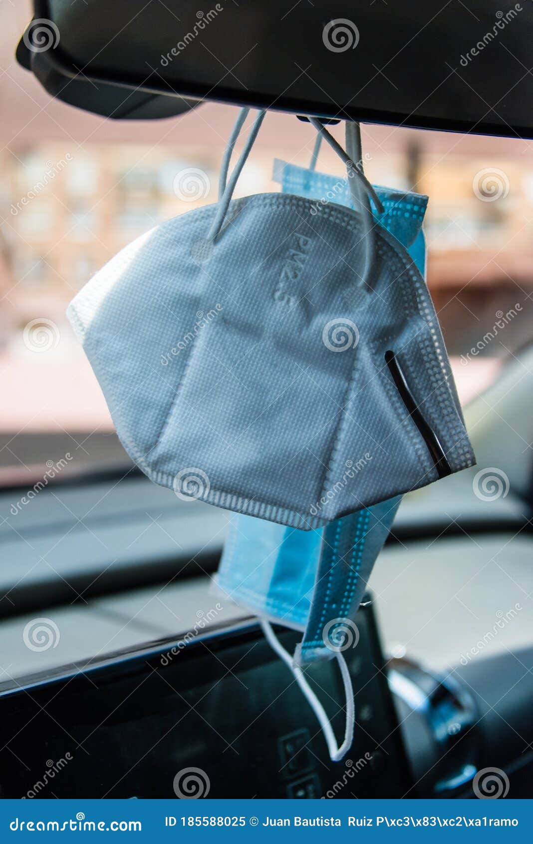 Face Masks Hanging in Car Interior Mirror Stock Image - Image of catch ...