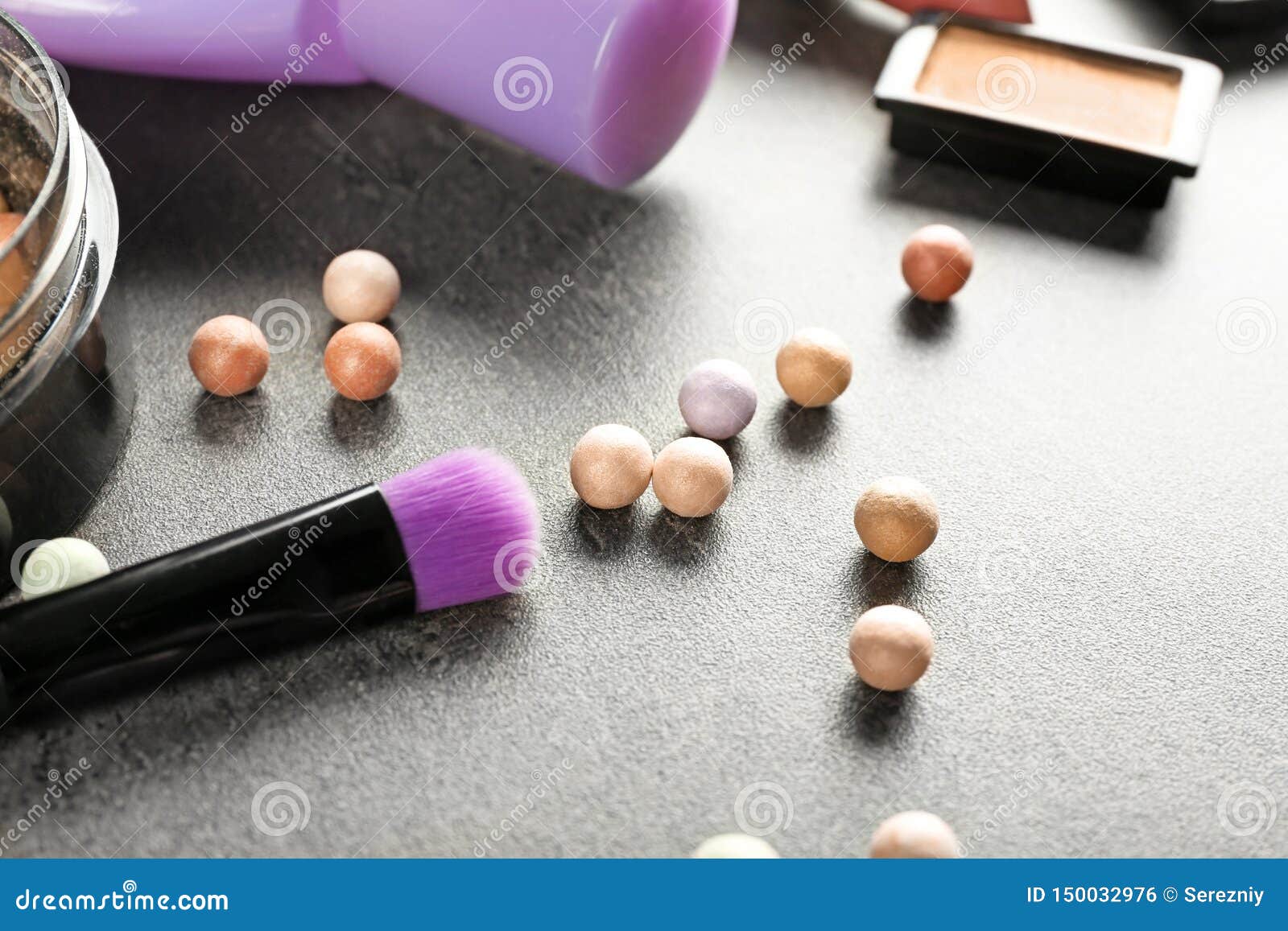 Face Powder Balls and Brush on Grey Table Stock Photo - Image of ...