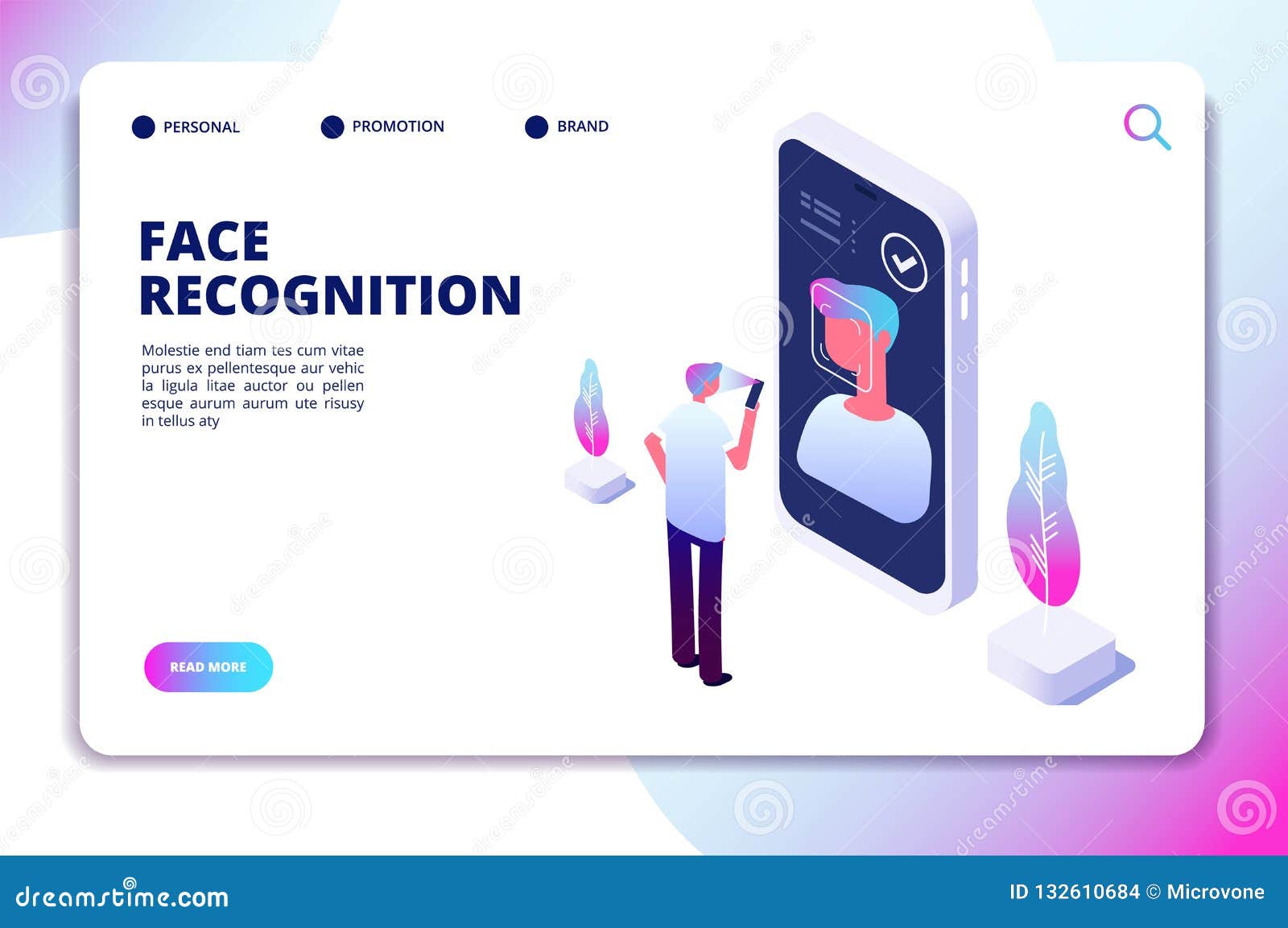 Face Recognition Isometric Concept. Id Verification Smartphone Scanner ...