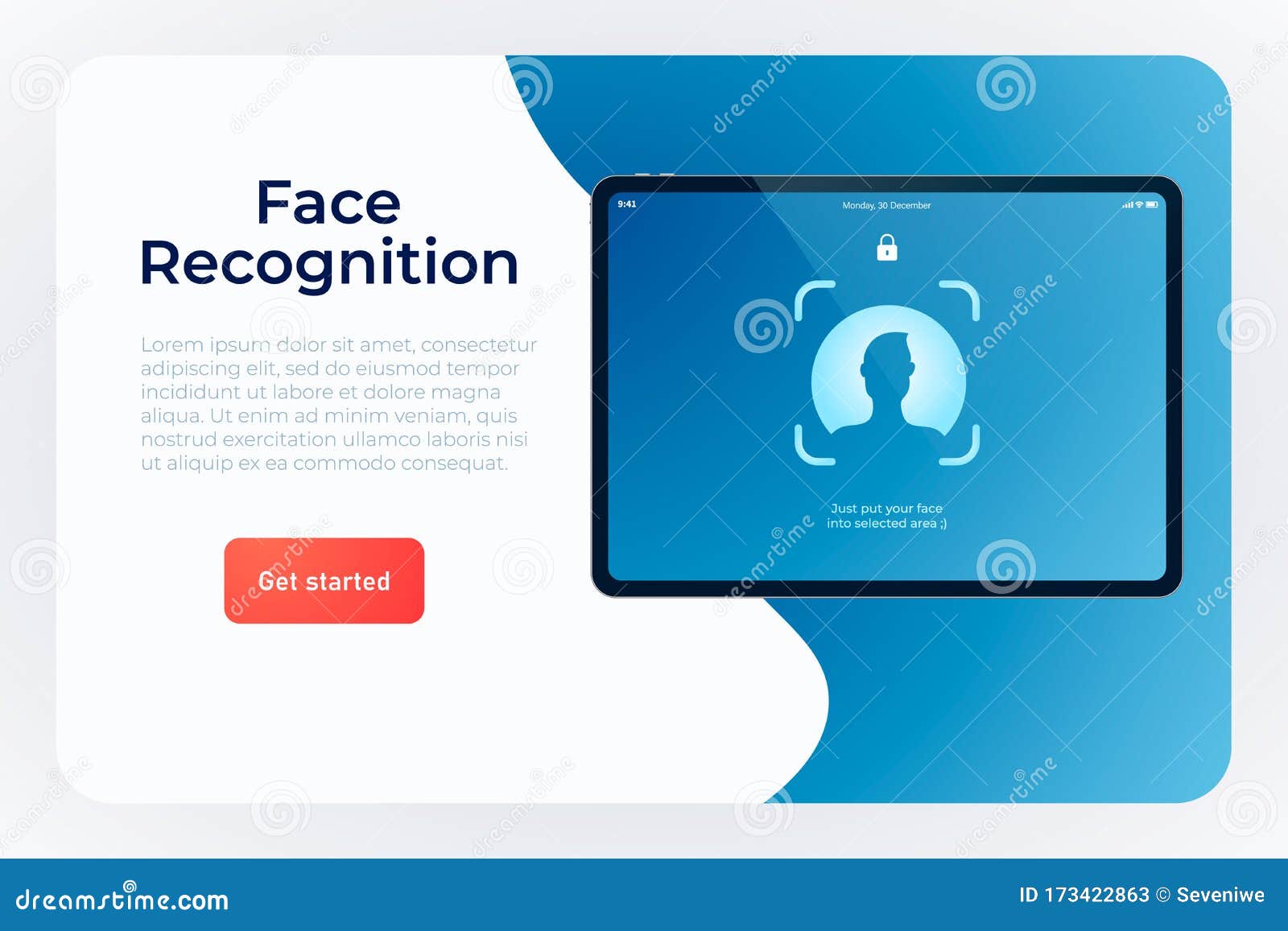 Face Recognition System Illustration Concept. Black Tablet with Start ...