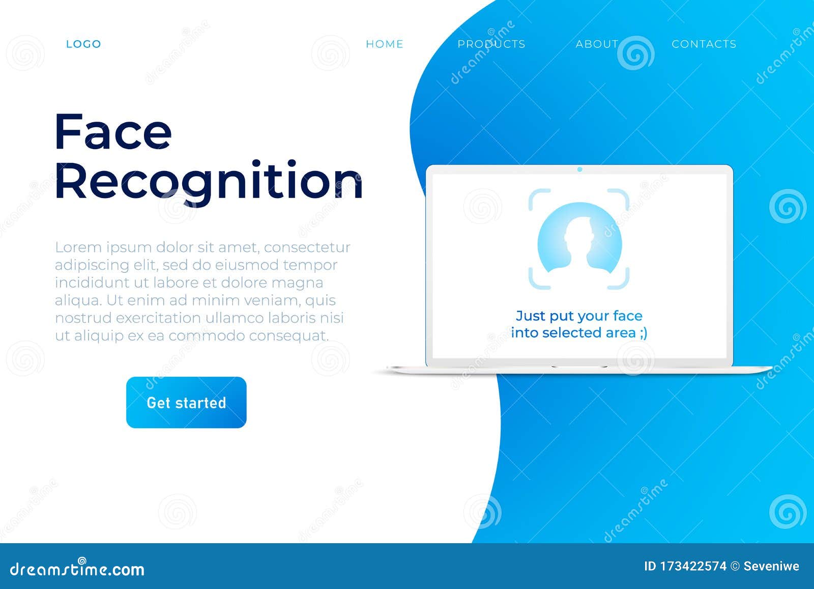 Face Recognition System Illustration Concept. White Laptop with Start ...