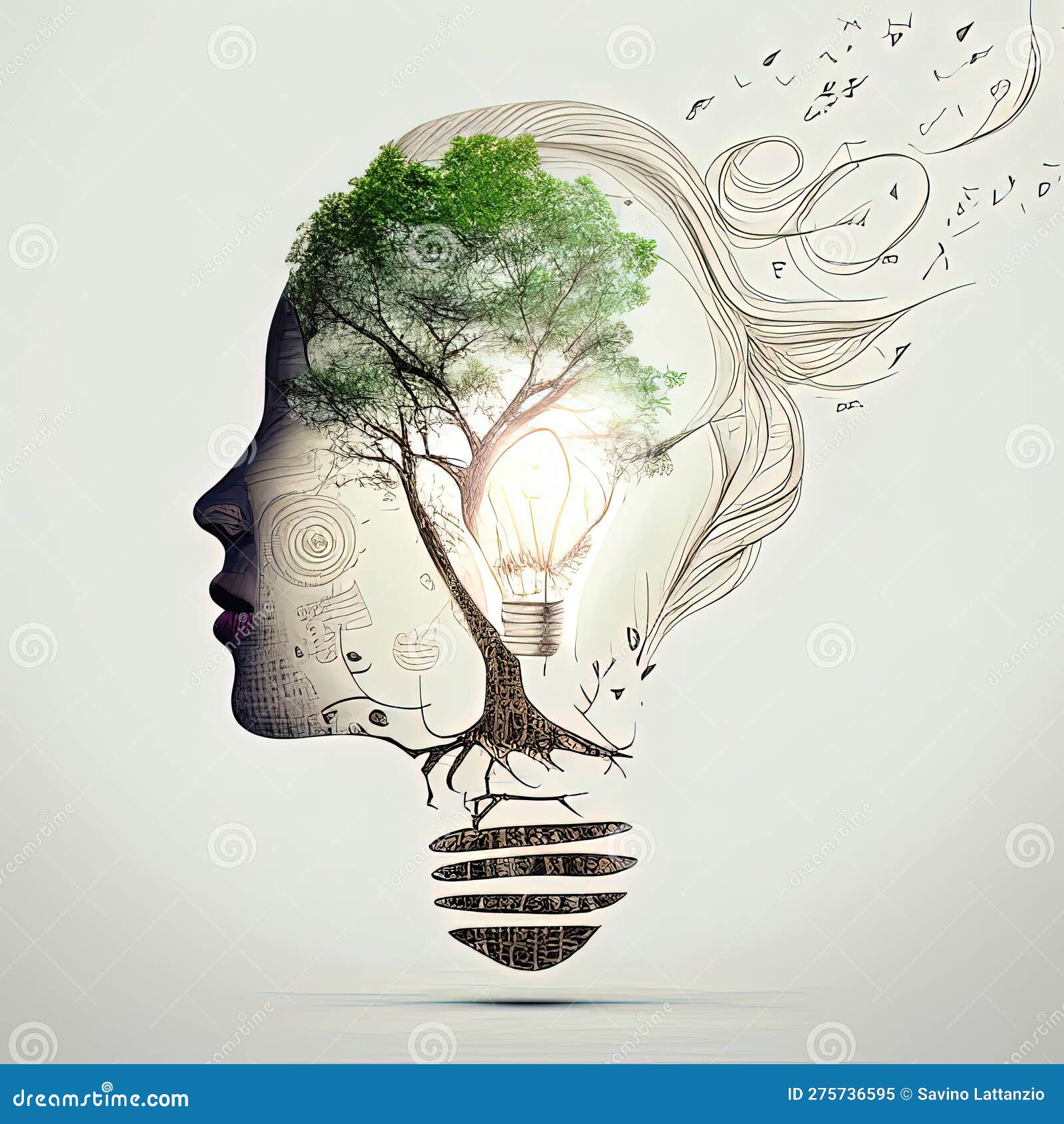 Face Shaped Light Bulb with Tree Inside Stock Illustration ...