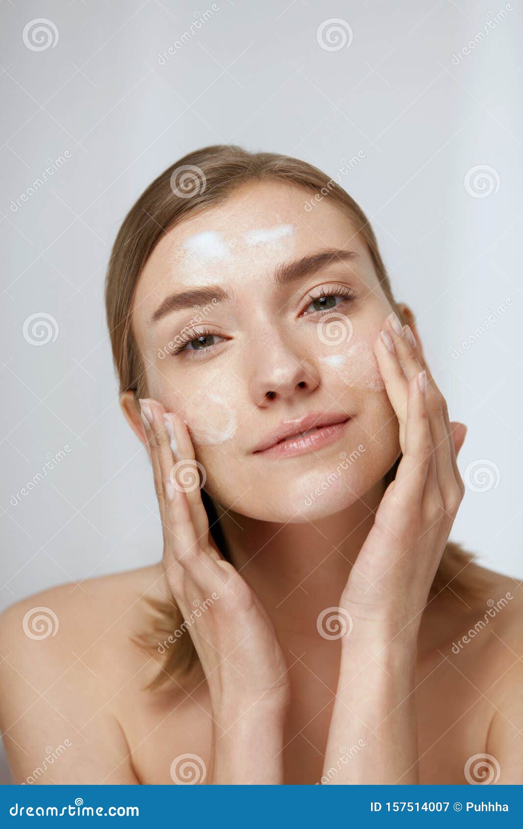 Face Skin Care Woman Cleaning Facial Skin With Foam Soap Stock Image