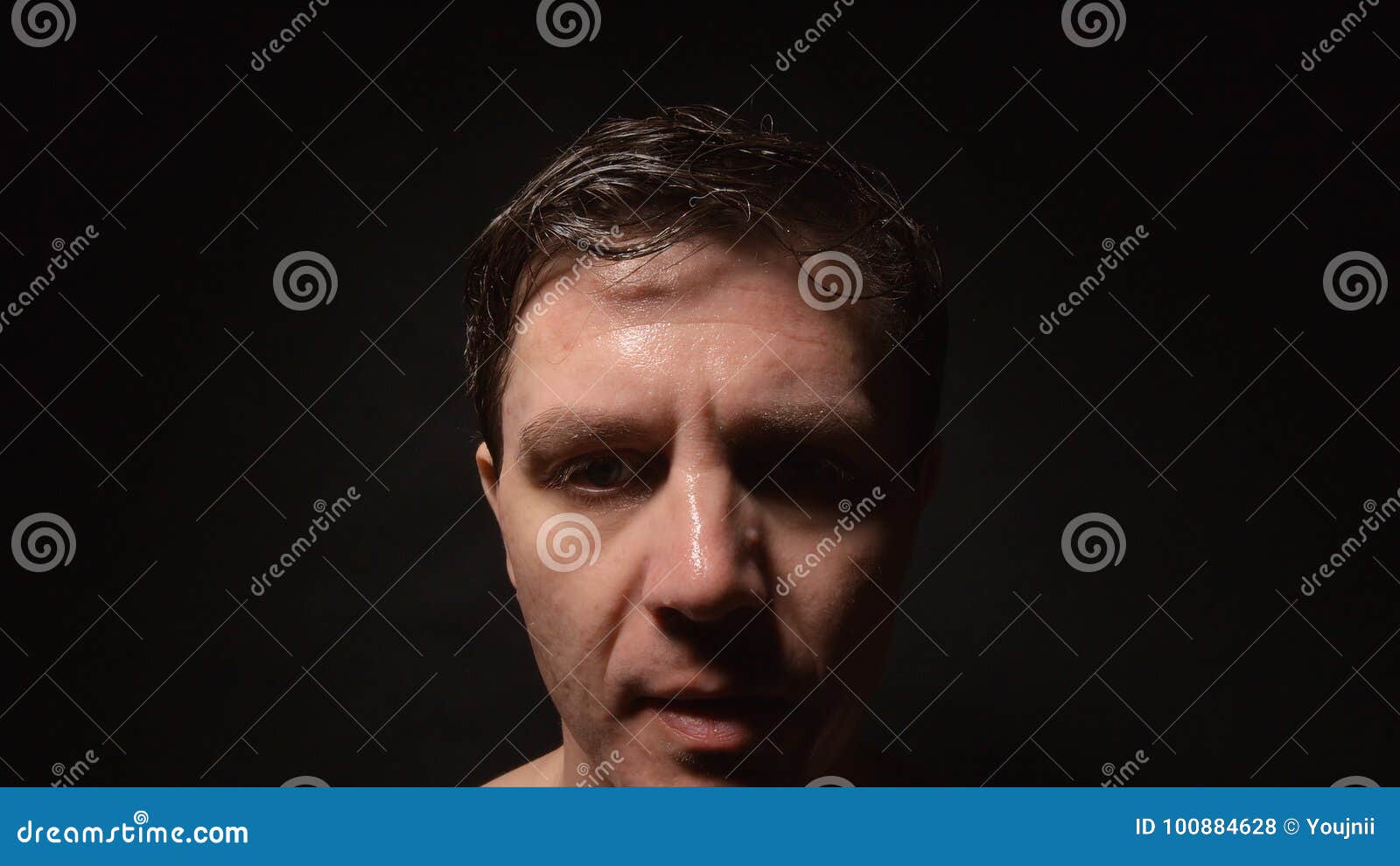 Face of Sweating Man in Dark Room Stock Photo - Image of head, luck ...