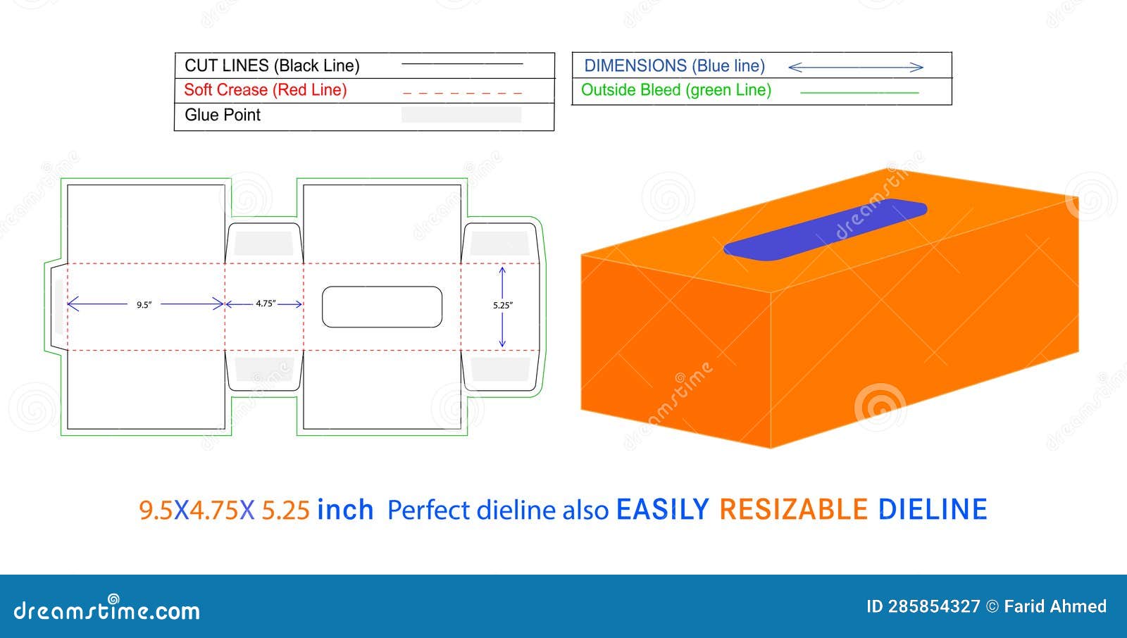 Face Tissue Box Perfect Dieline And 3D Box Vector File 9.5x4.75x5.25 ...