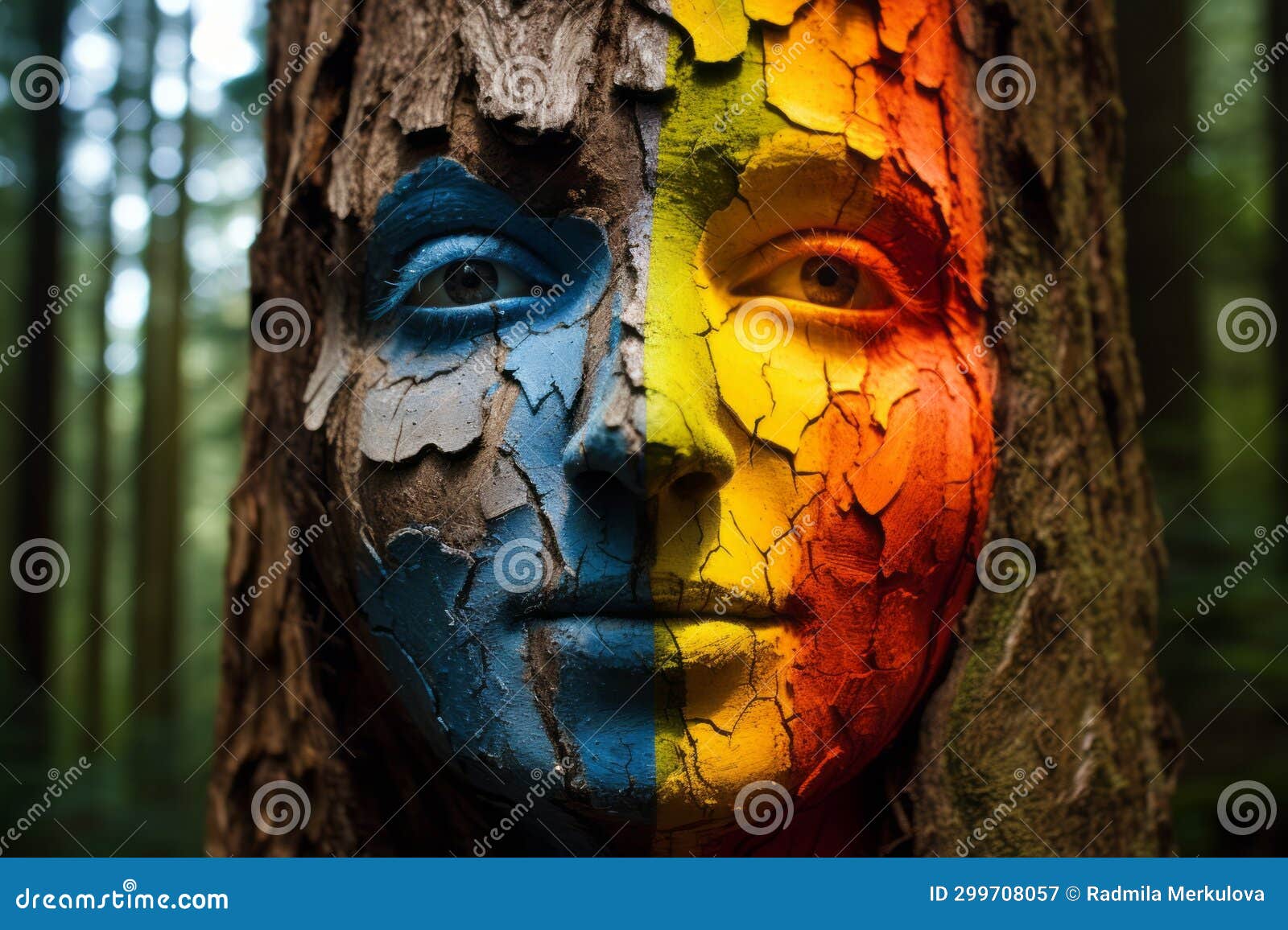 A Face on a Tree Trunk in the Forest Decorated with Different Colors ...