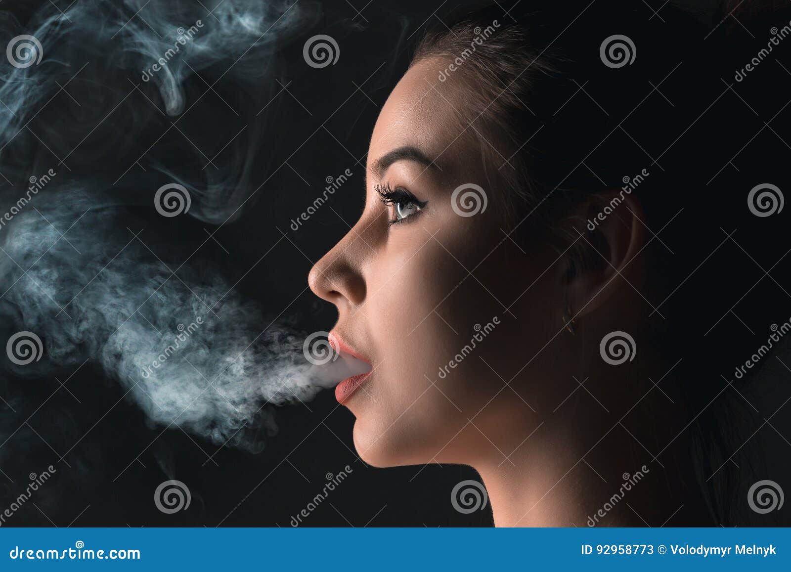The Face of Vaping Young Woman at Black Studio Stock Image - Image of ...