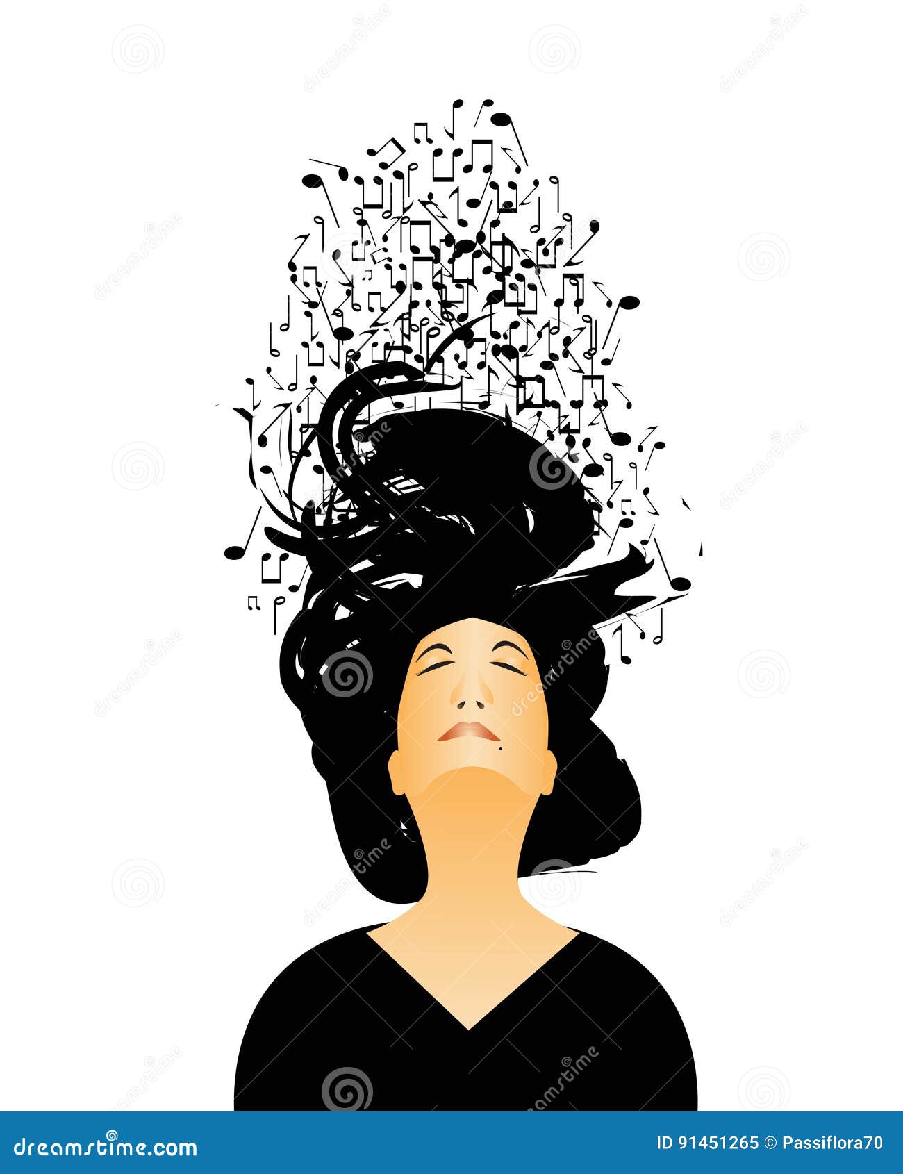 Face of Woman and Musical Notes Stock Vector - Illustration of hair ...