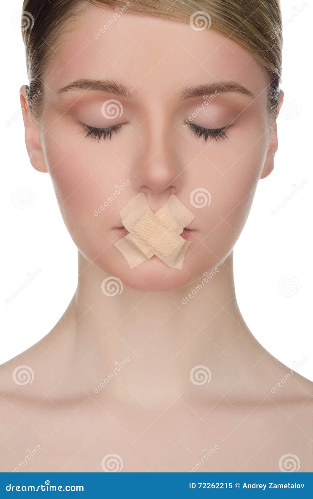 Face of Young Woman with Plaster on Her Lips Stock Image - Image of ...