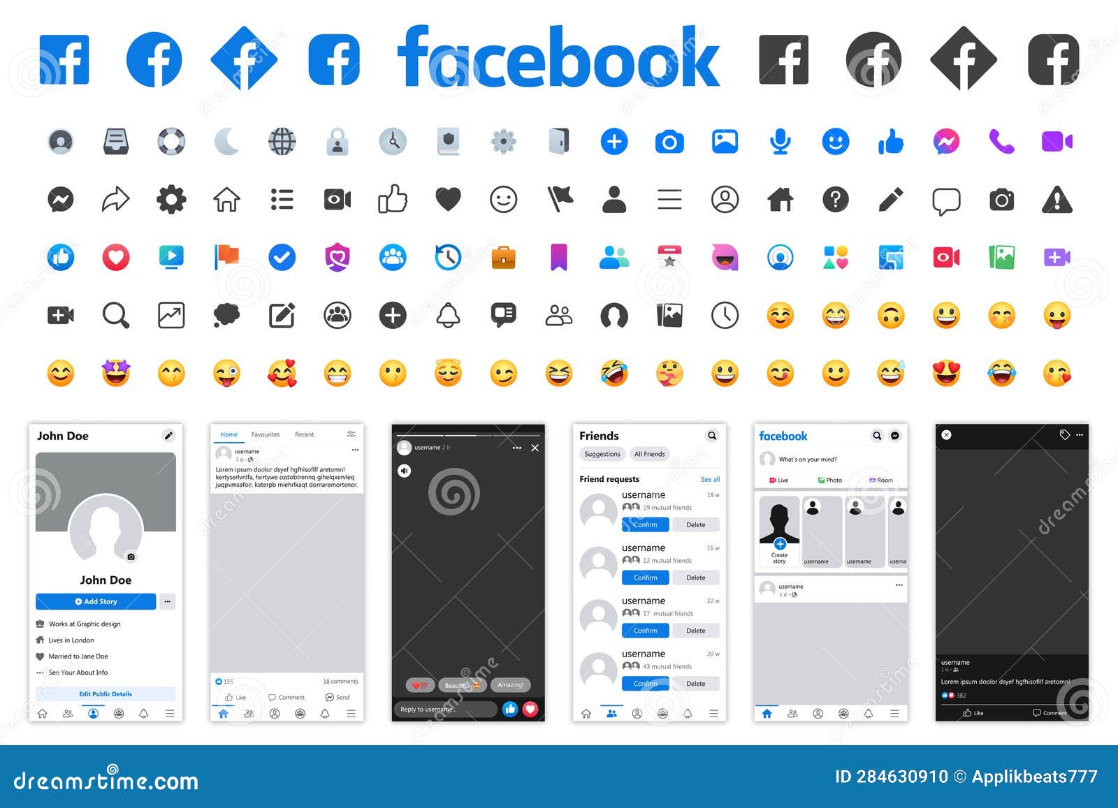Facebook Social Network App Interface Icons and Smartphone Frame Screen ...