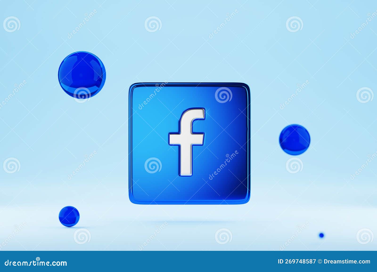 Facebook Square Logo with Glass Spheres on a Blue Background. 3d Render ...