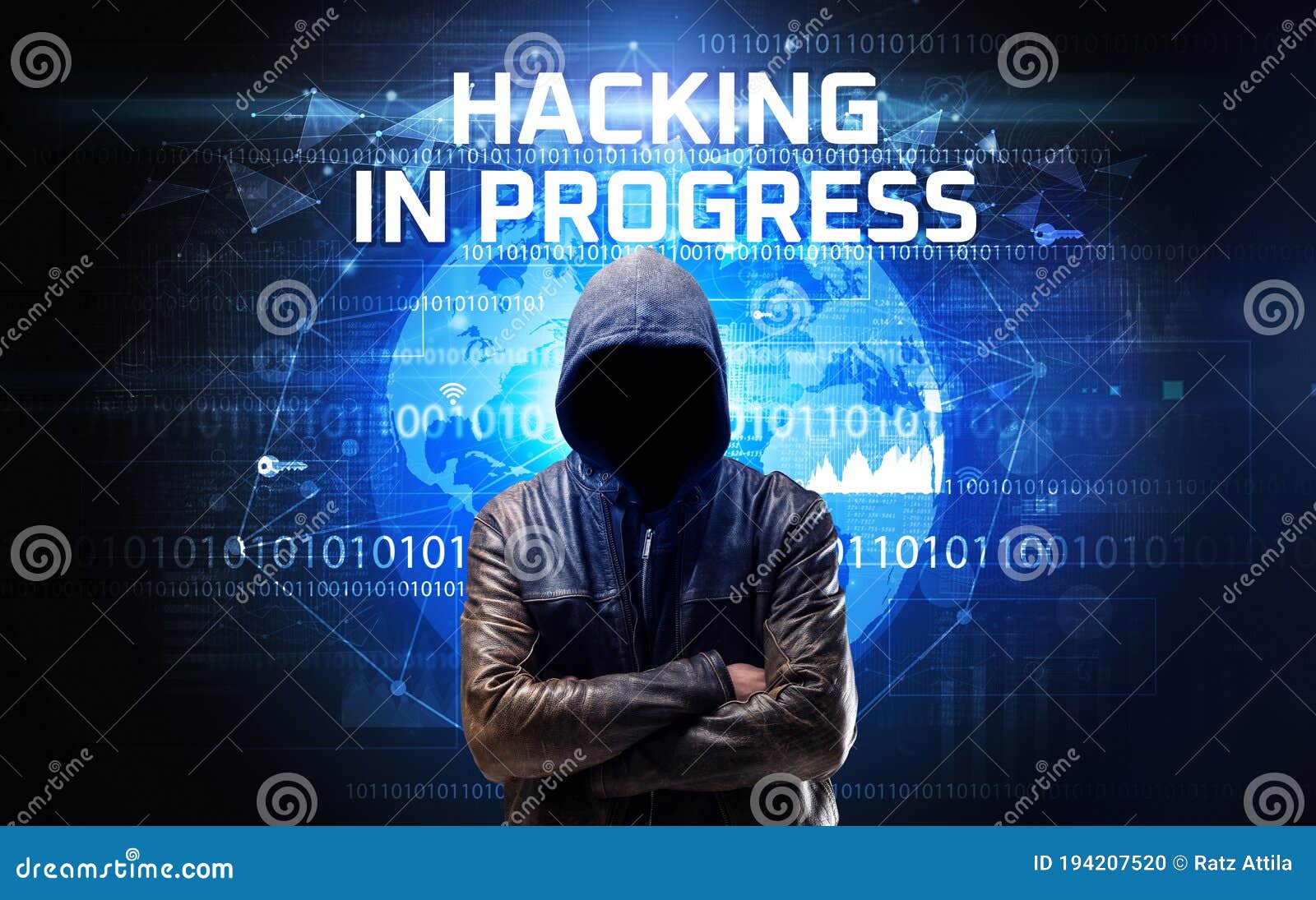 Hacker With Progress Bar On Computers In Dark Room Stock Image ...