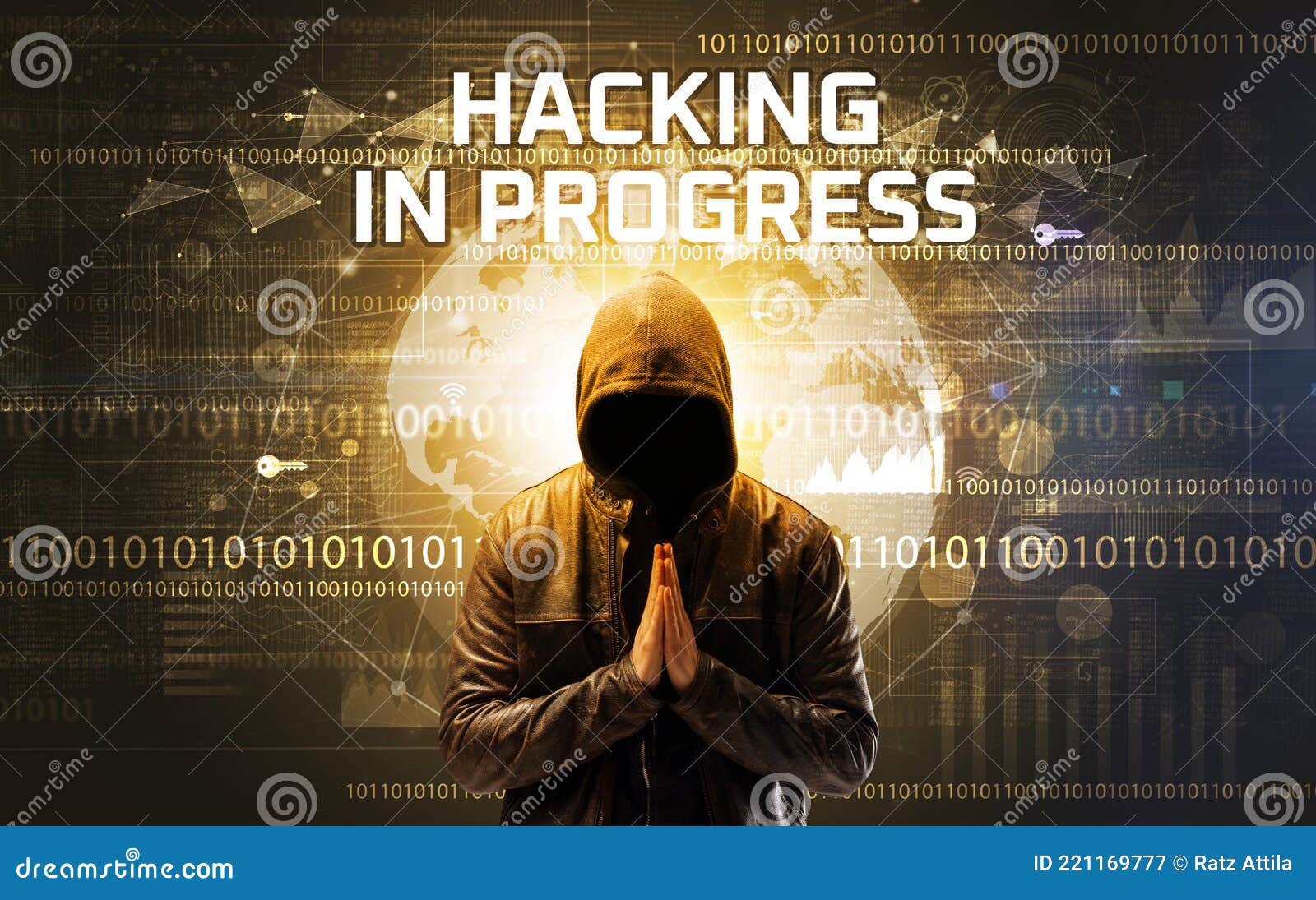 Hacker With Progress Bar On Laptop In Dark Room Stock Photo ...
