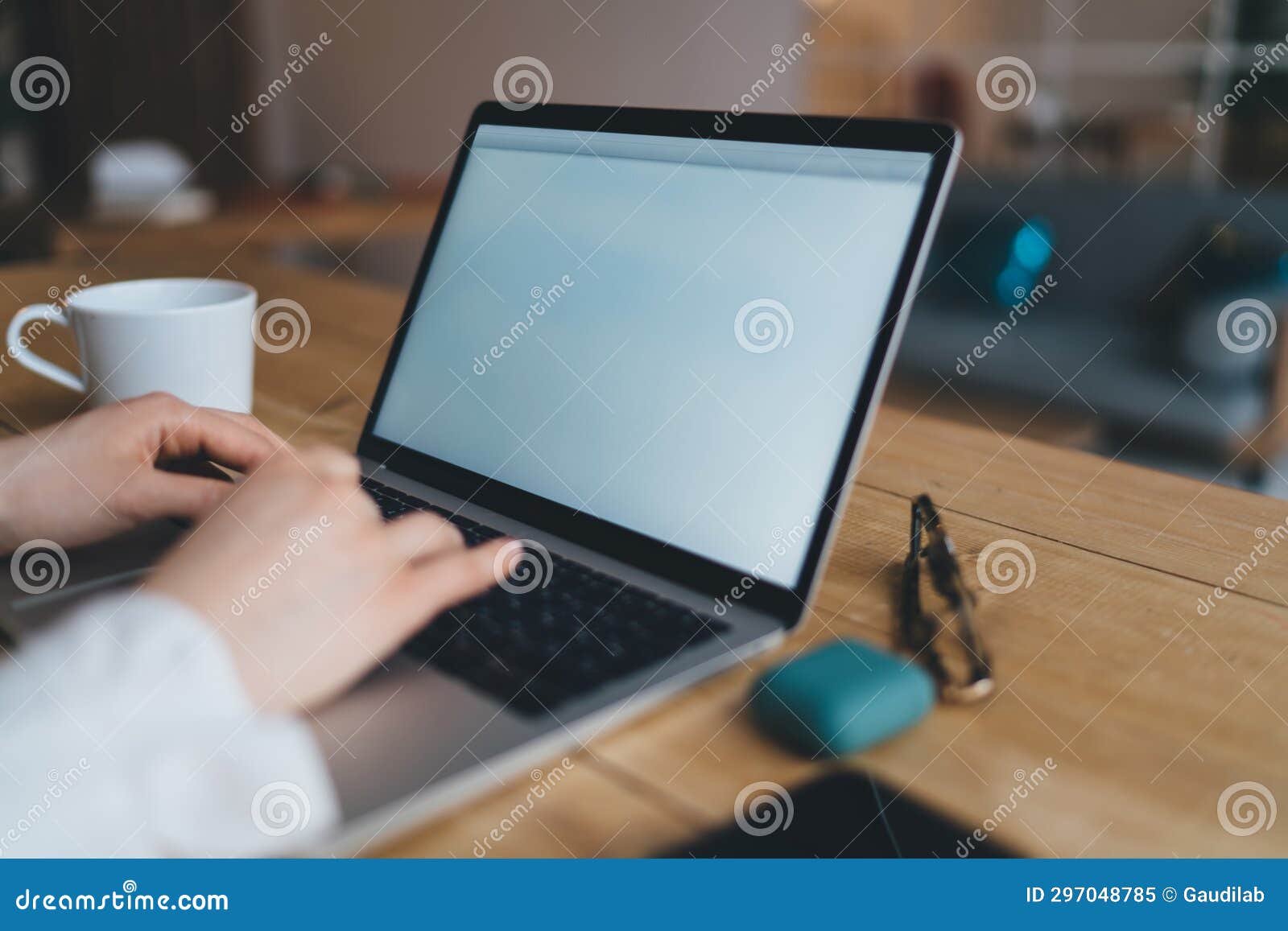 Faceless Woman Browsing Laptop in Workplace Stock Image - Image of ...