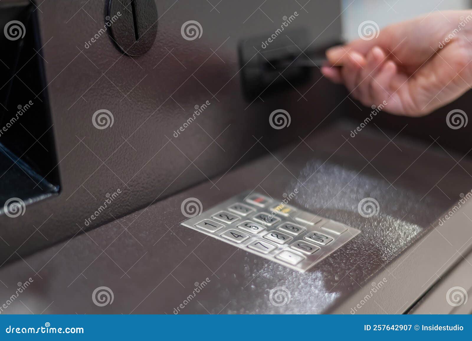 Faceless Woman Inserts Bank Card at ATM. Stock Image - Image of keypad ...