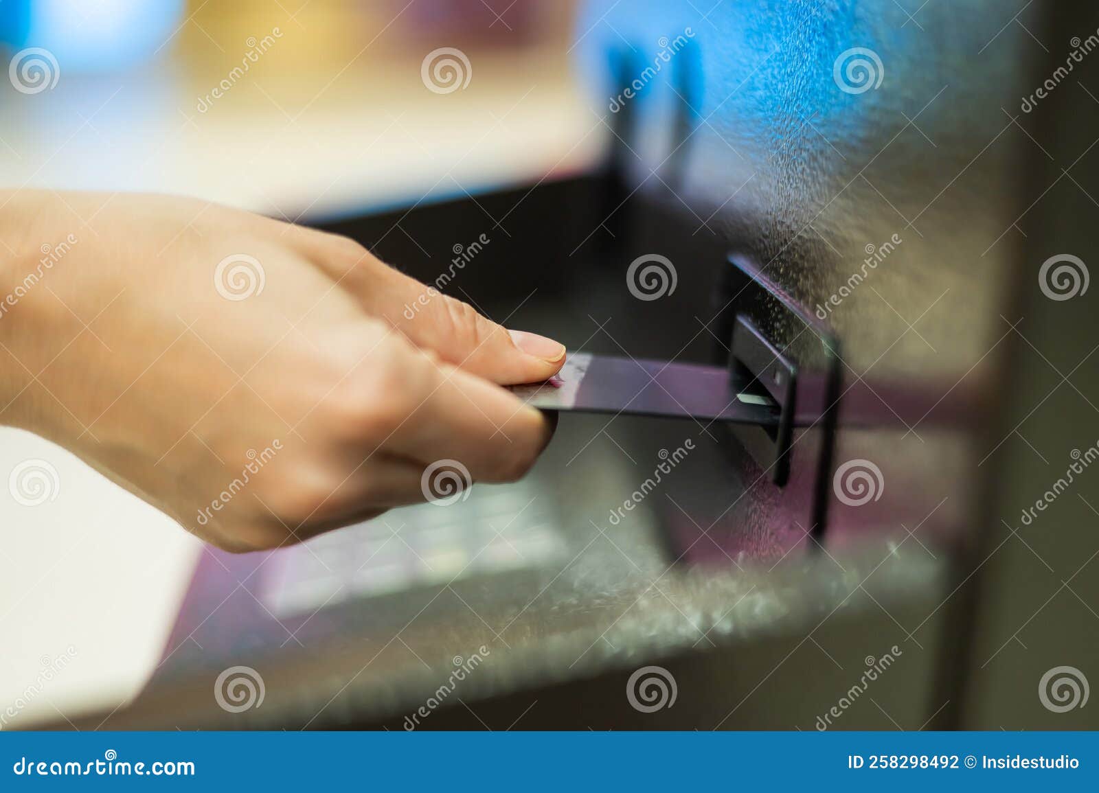 Faceless Woman Inserts Bank Card at ATM. Stock Photo - Image of enter ...