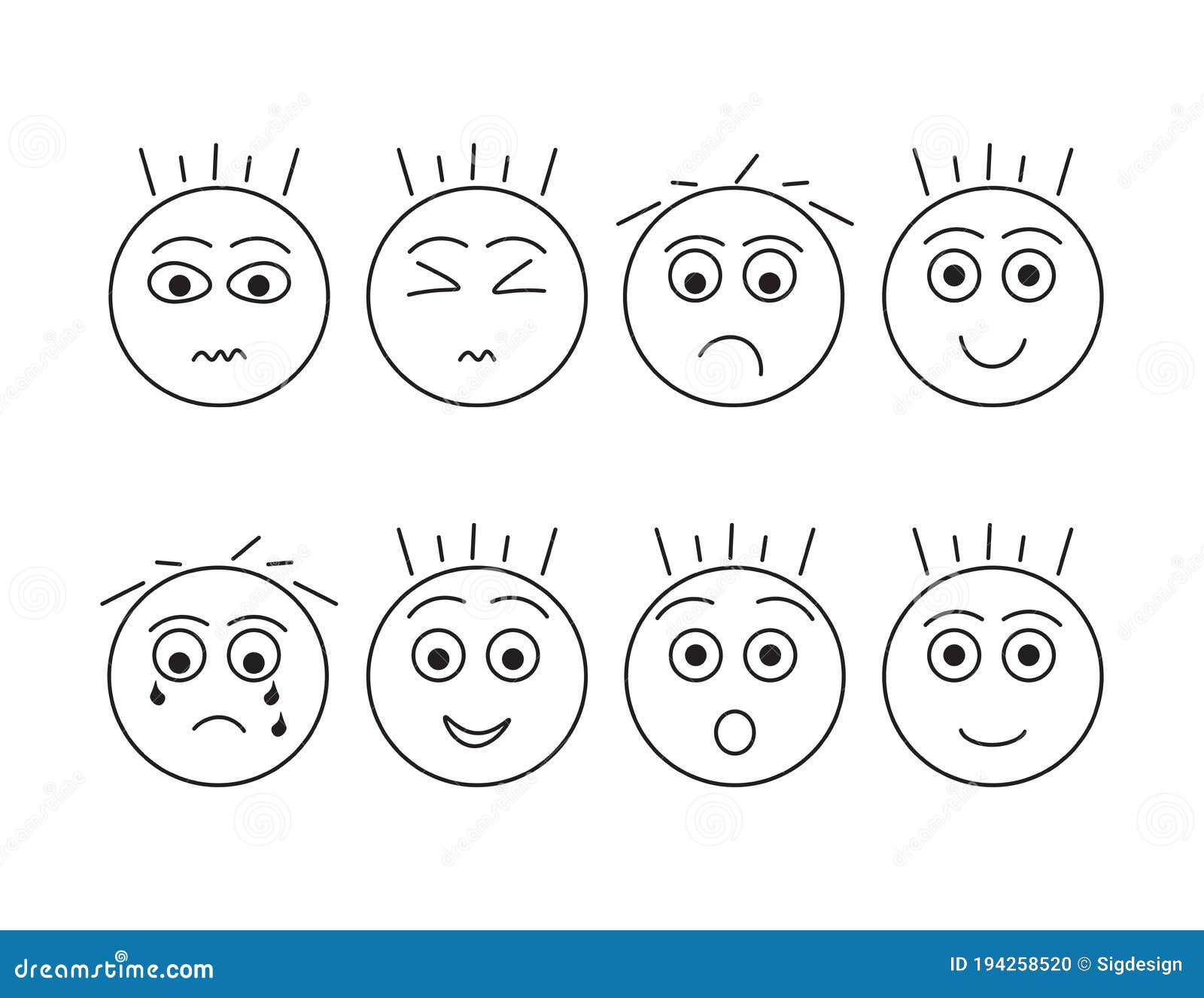 Set Of Boys Heads With Different Emotions, Black Outline Illustrated ...