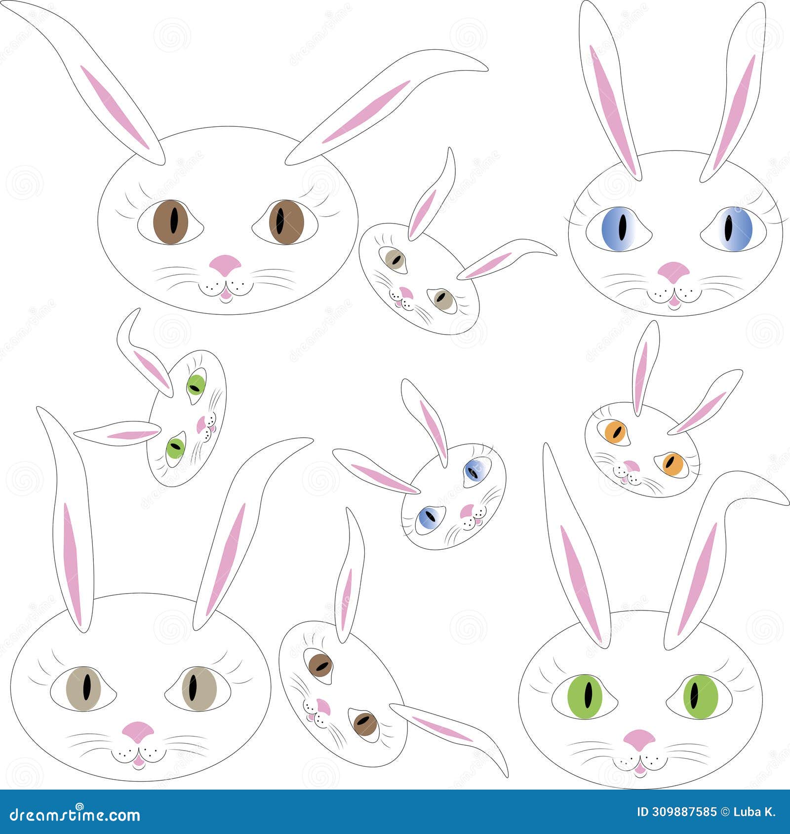 The Faces of Cute Easter Bunnies with Colorful Eyes and Pink Ears. the ...