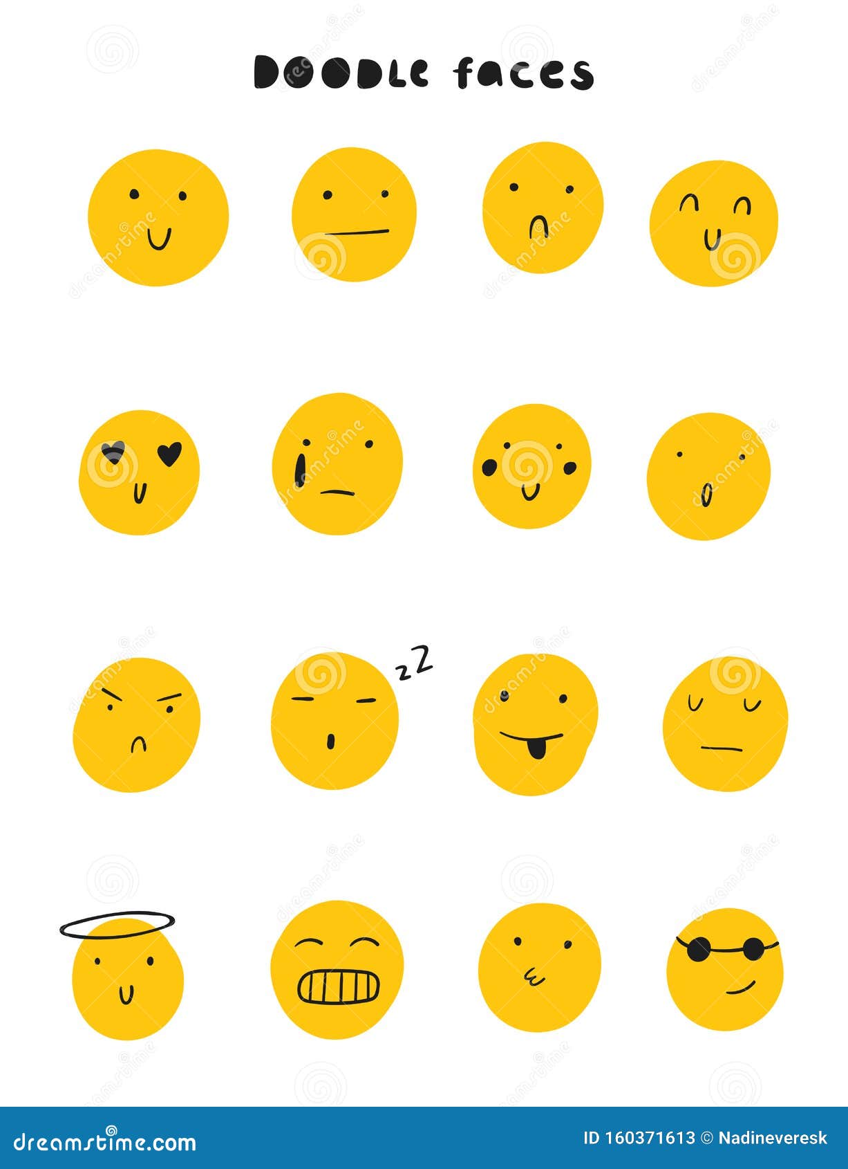 Faces with Emotions Set. Yellow Cute Hand Drawn Doodle Emoticons Stock ...