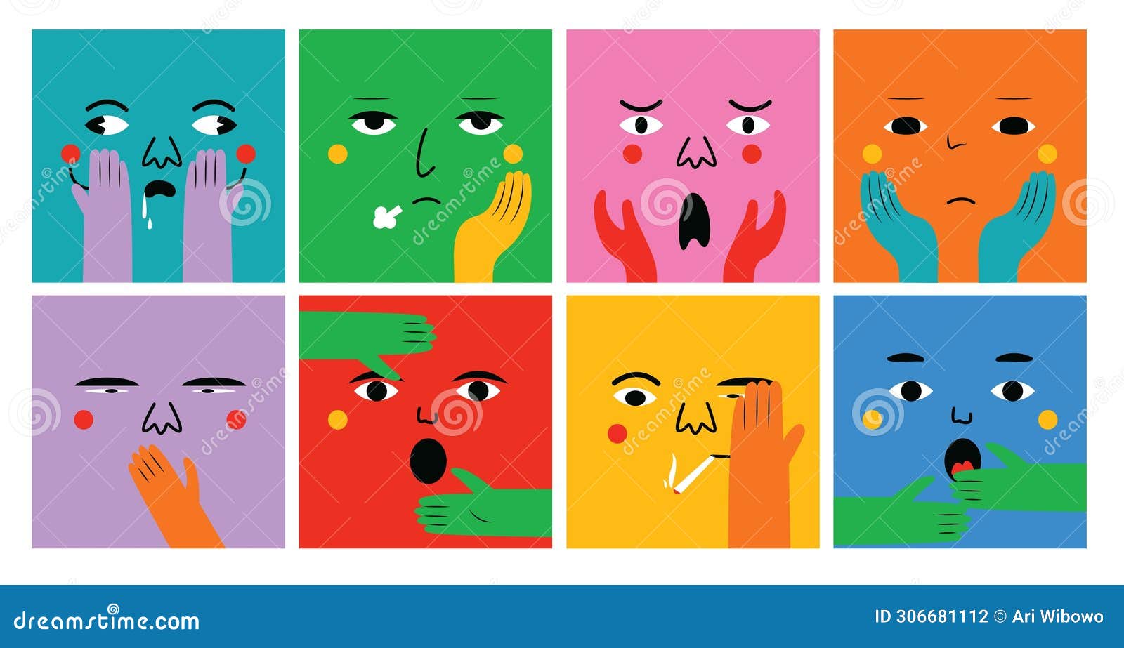 Faces with Various Emotions and Hand Gestures Stock Vector ...
