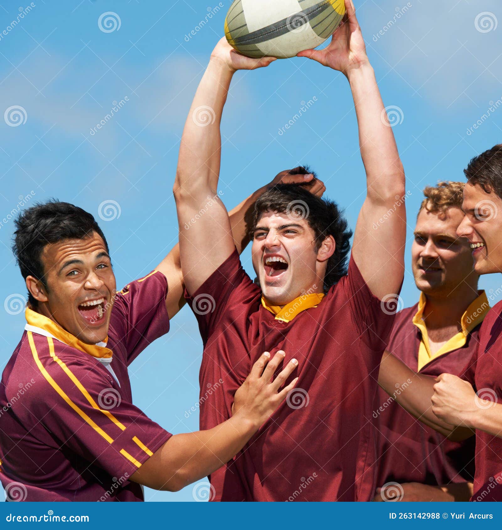 The Faces of Winners. a Young Rugby Team Celebrating a Victory. Stock ...