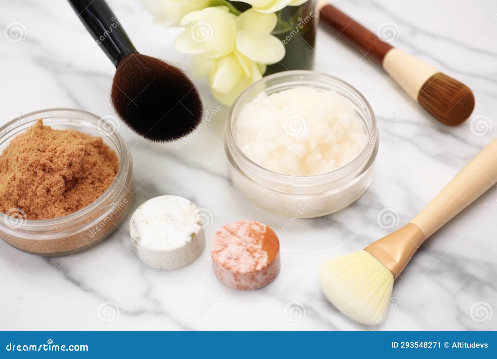 Facial Brushes and Scrubs on a White Marble Countertop Stock Image ...